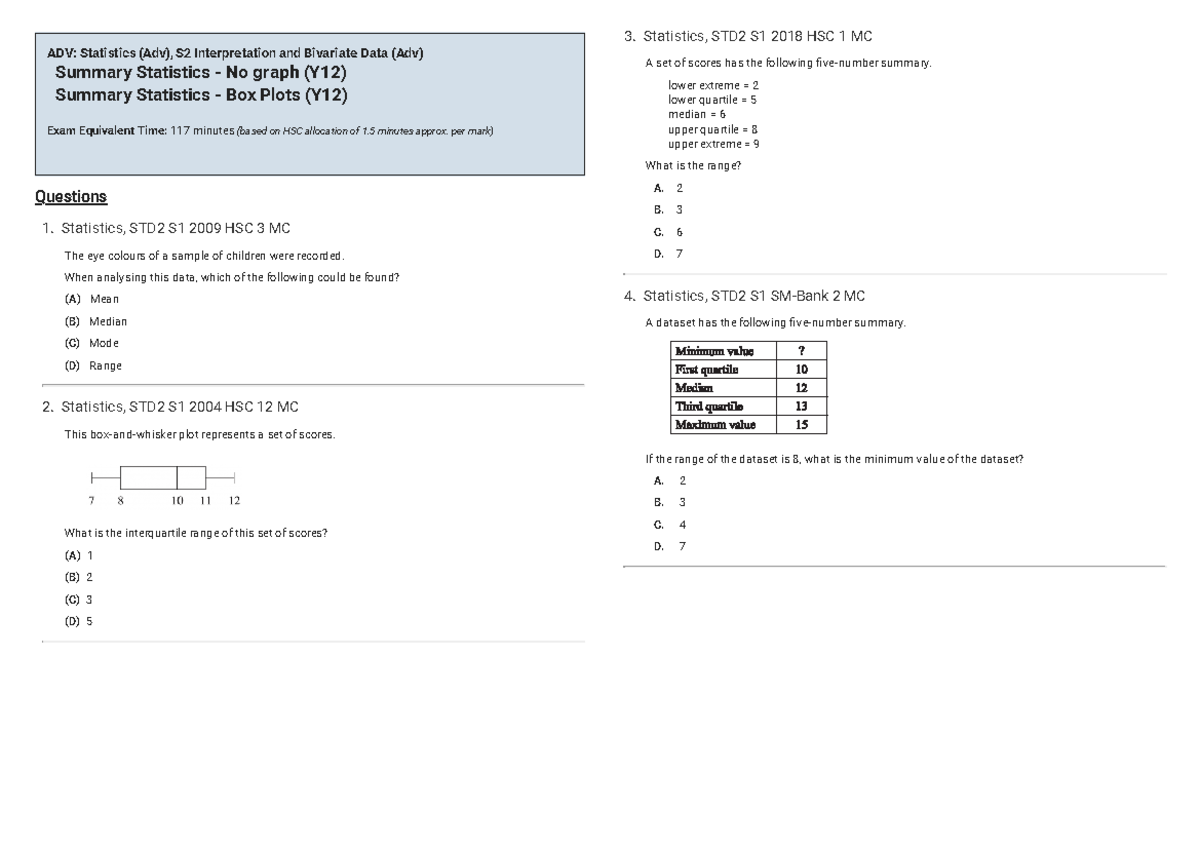 Other Stats 2 - practice - 1. Statistics, STD2 S1 2009 HSC 3 MC 2 ...