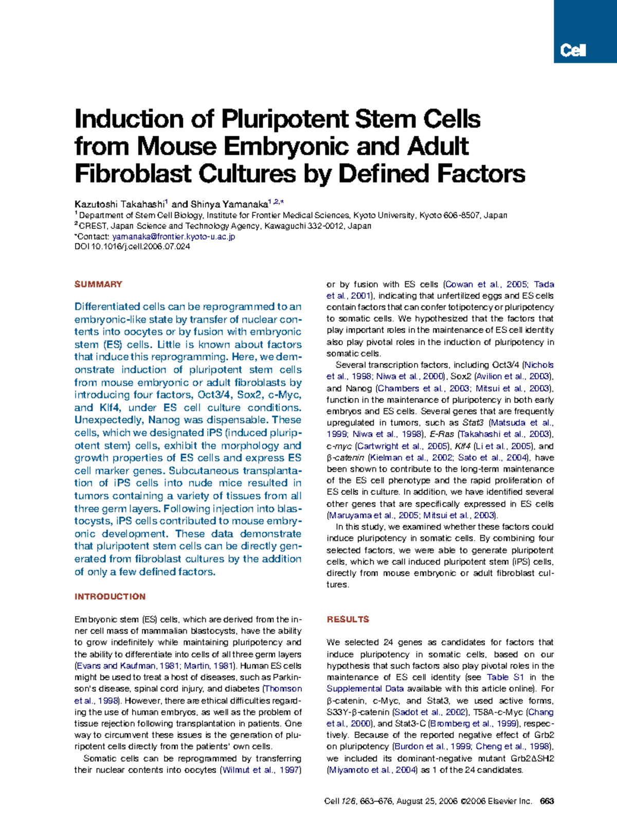 IPSC Paper - Stem Cell class content - Induction of Pluripotent Stem ...