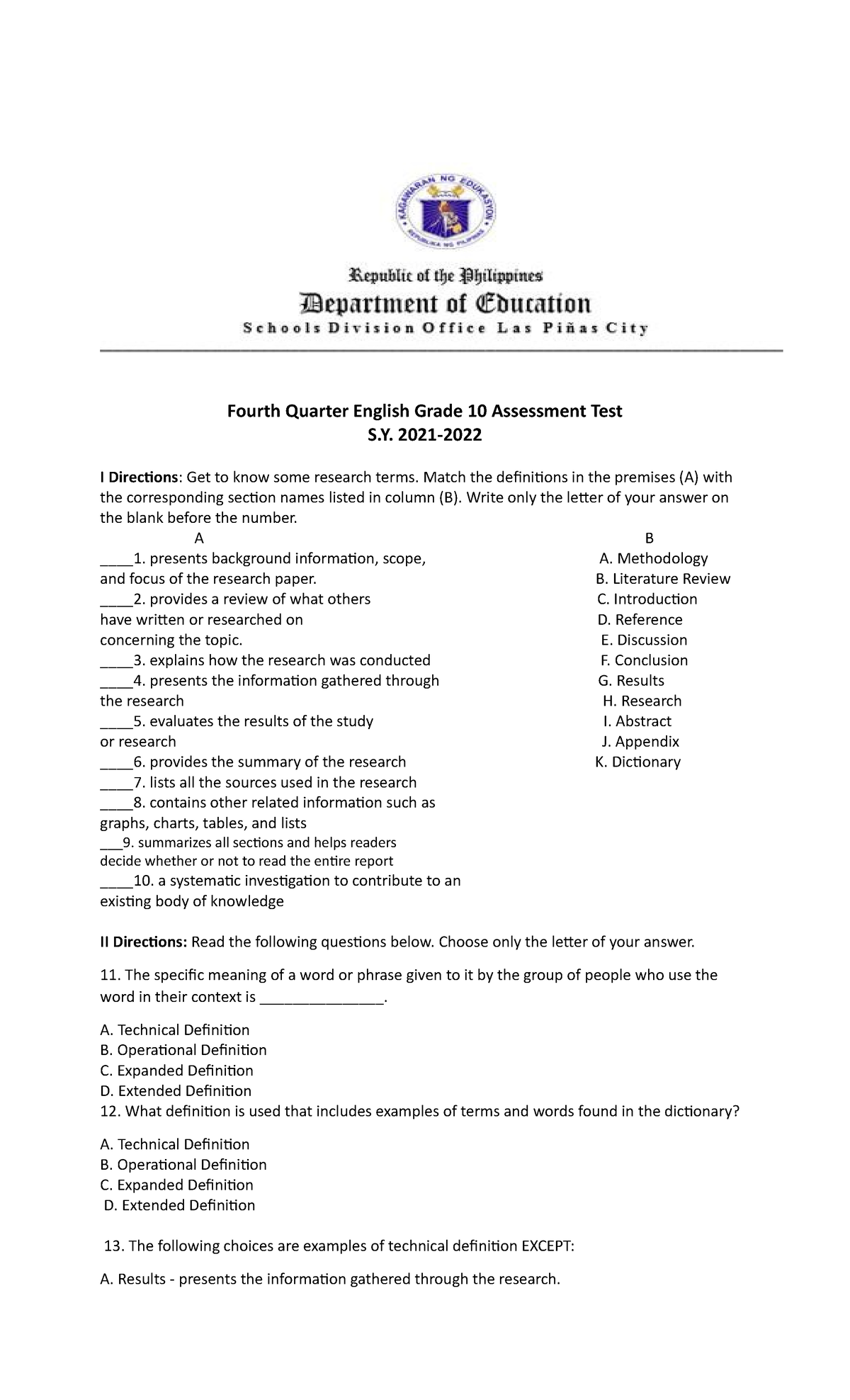 4TH Quarter English 10 Assessment TEST - Fourth Quarter English Grade ...
