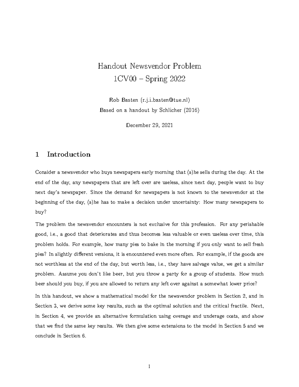 Handout - Newsvendor Problem - Handout Newsvendor Problem 1CV00 ...