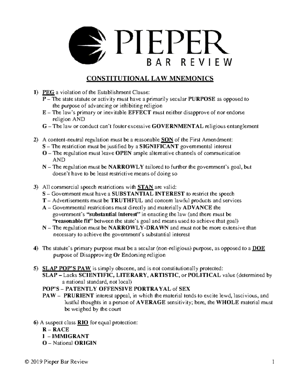 Con law combined w chart handout - CONSTITUTIONAL LAW MNEMONICS 1) PEG ...