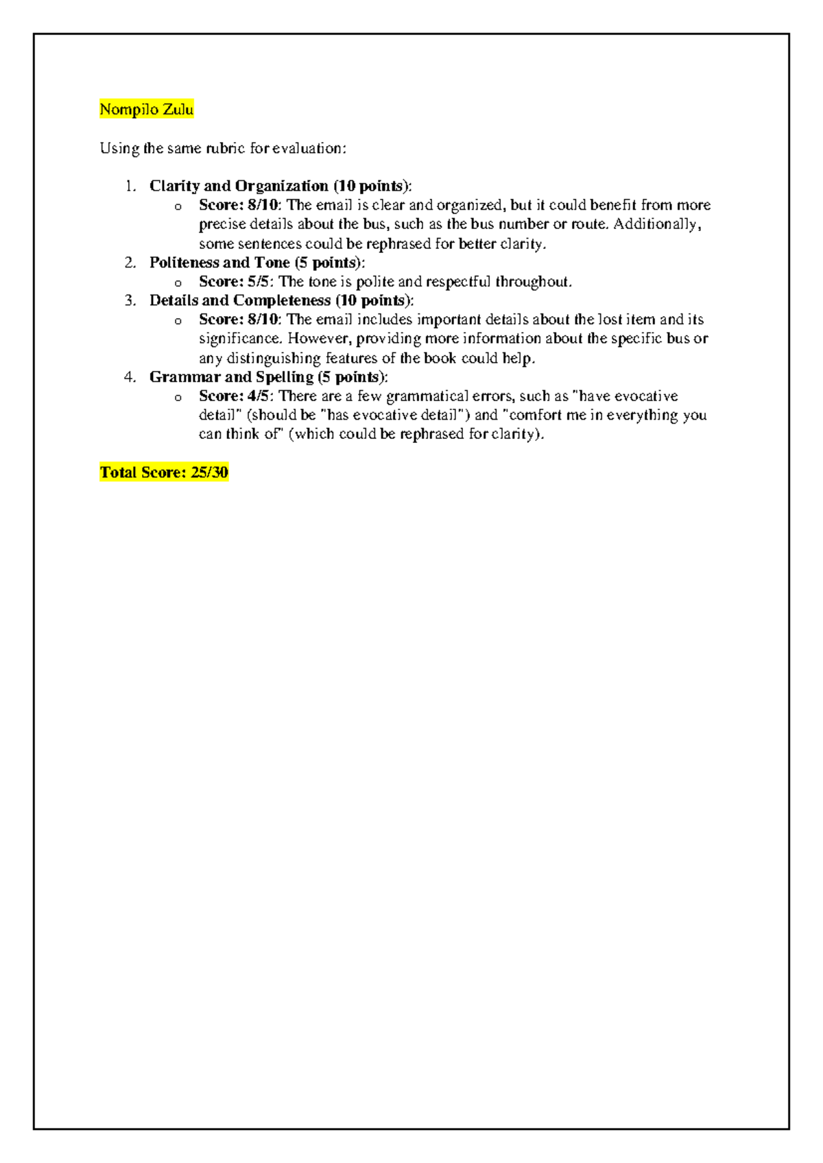 Nompilo Zulu - Essay analysis - Nompilo Zulu Using the same rubric for ...