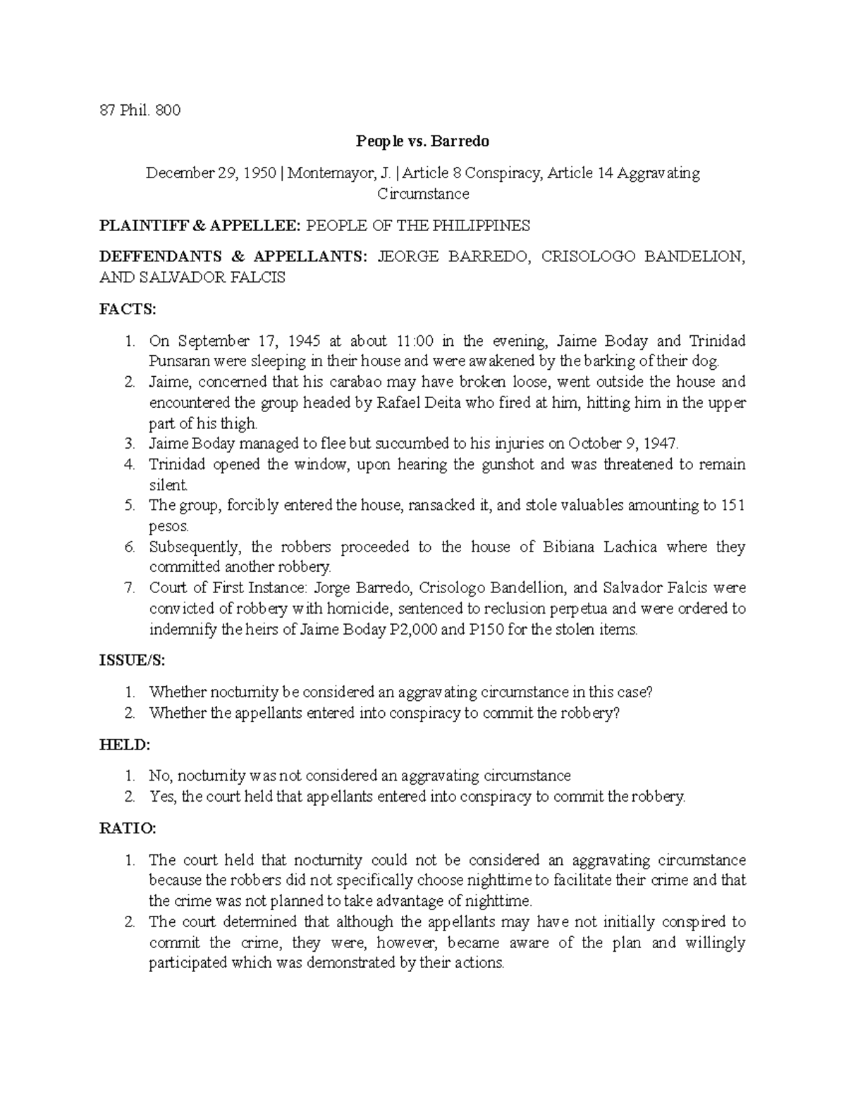 Ppl vs Barredo - Ppl vs Ompad - 87 Phil. 800 People vs. Barredo ...