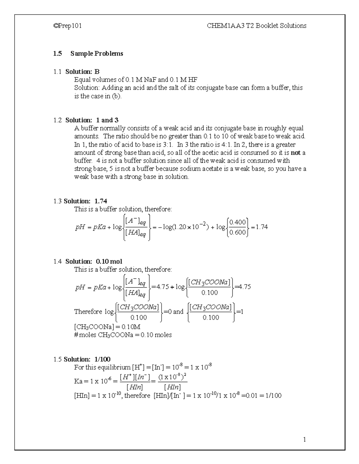 CHEM 1AA3 Test 2 Booklet Solutions - 1 Sample Problems 1 Solution: B ...