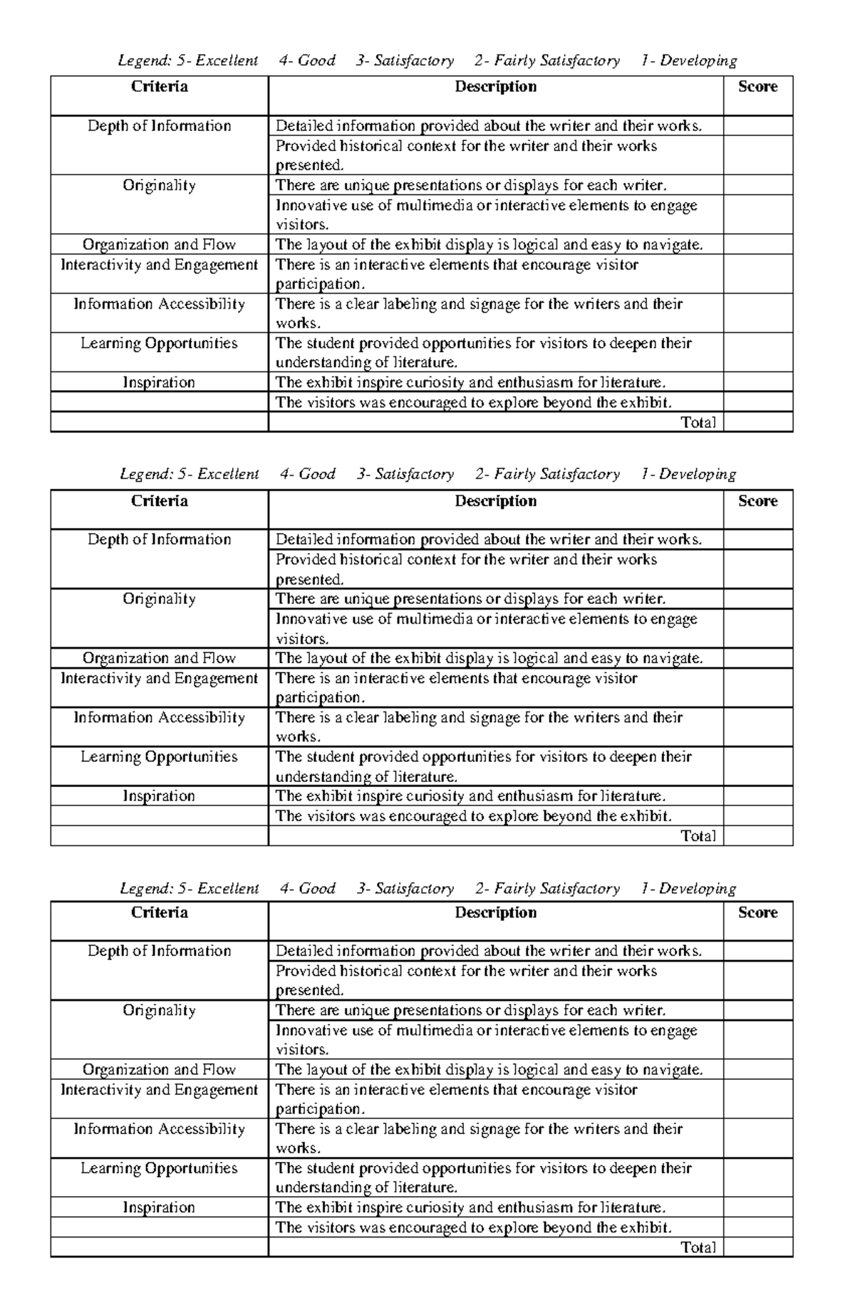 Rubric-FOR- Exhibit-TO- Print - Legend: 5- Excellent 4 - Good 3 ...