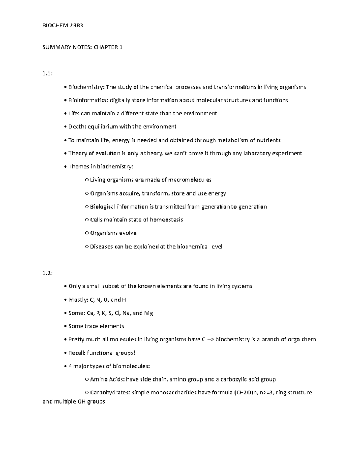Summary Notes - CH 1 - SUMMARY NOTES: CHAPTER 1 1: Biochemistry: The ...
