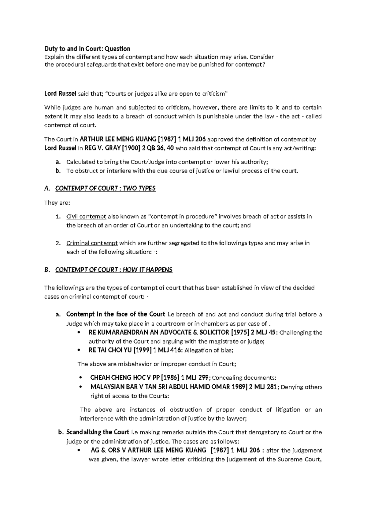 Duty to and in Court n Contempt of Court question and answer - Duty to ...