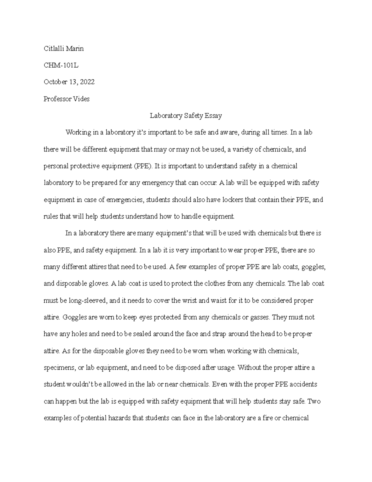 Laboratory Safety Essay - Citlalli Marin CHM-101L October 13, 2022 ...
