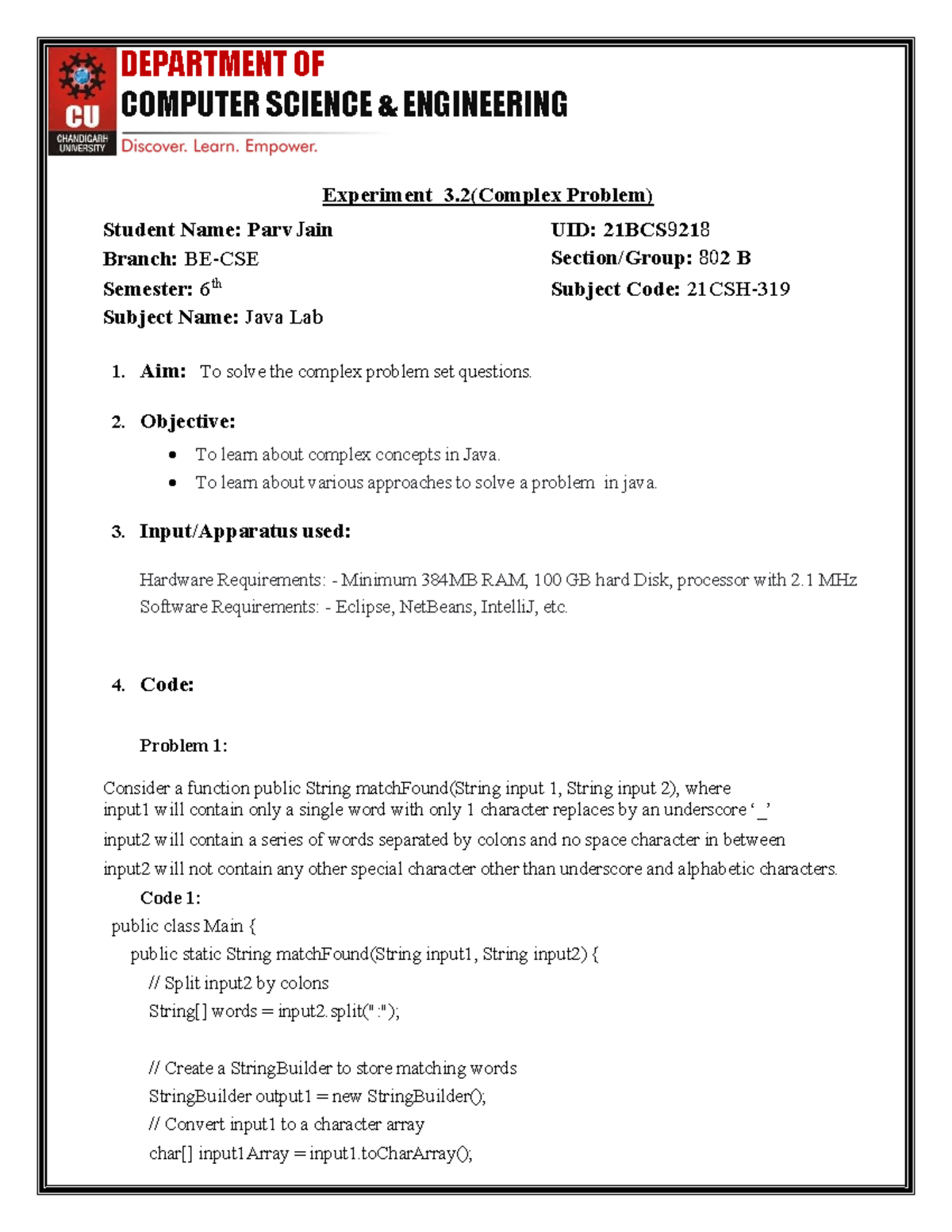 Java Complex Problem (5) - COMPUTER SCIENCE & ENGINEERING Experiment 3(Complex Problem) Branch ...