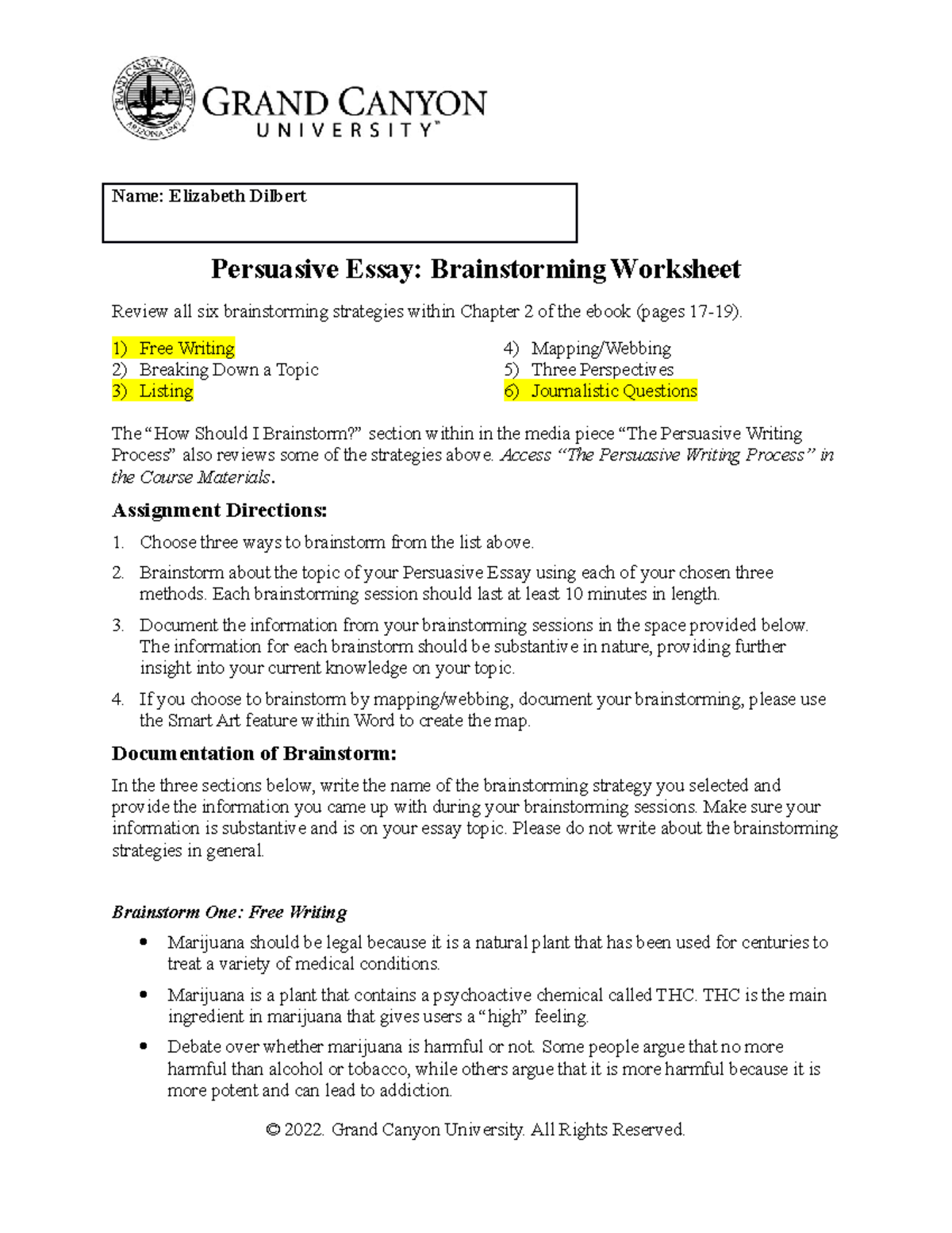 PHI105 T2 Brainstorming Worksheet - Name: Elizabeth Dilbert Persuasive ...