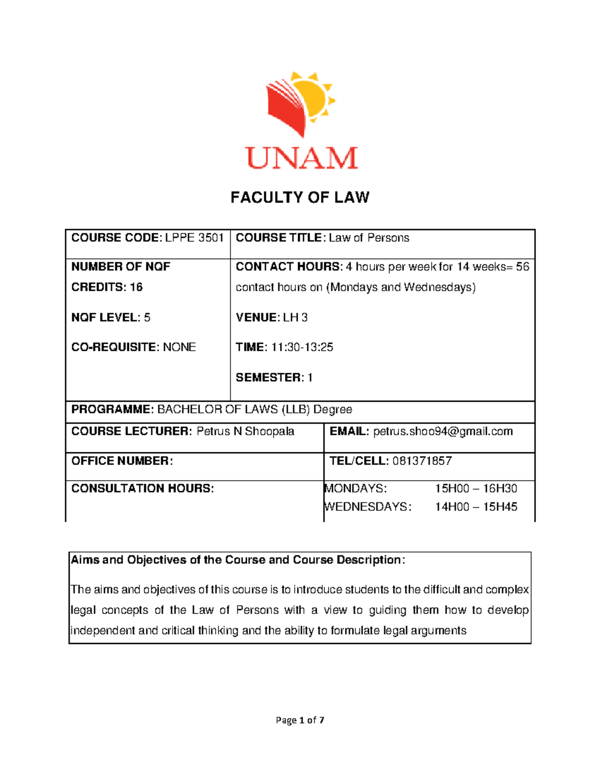 LAW OF Persons Course Outline 2020 - FACULTY OF LAW COURSE CODE : LPPE ...