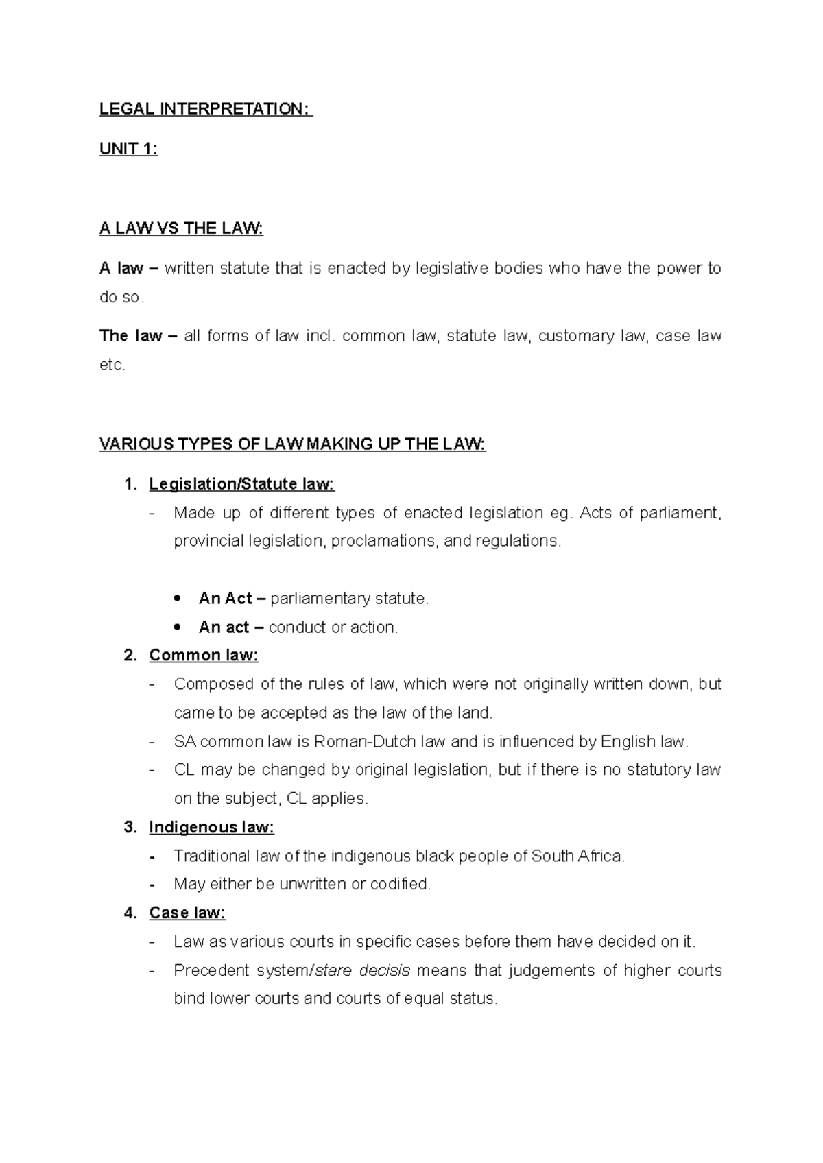 Interps unit 1 summ - Unit 1 Summary - LEGAL INTERPRETATION: UNIT 1: A ...