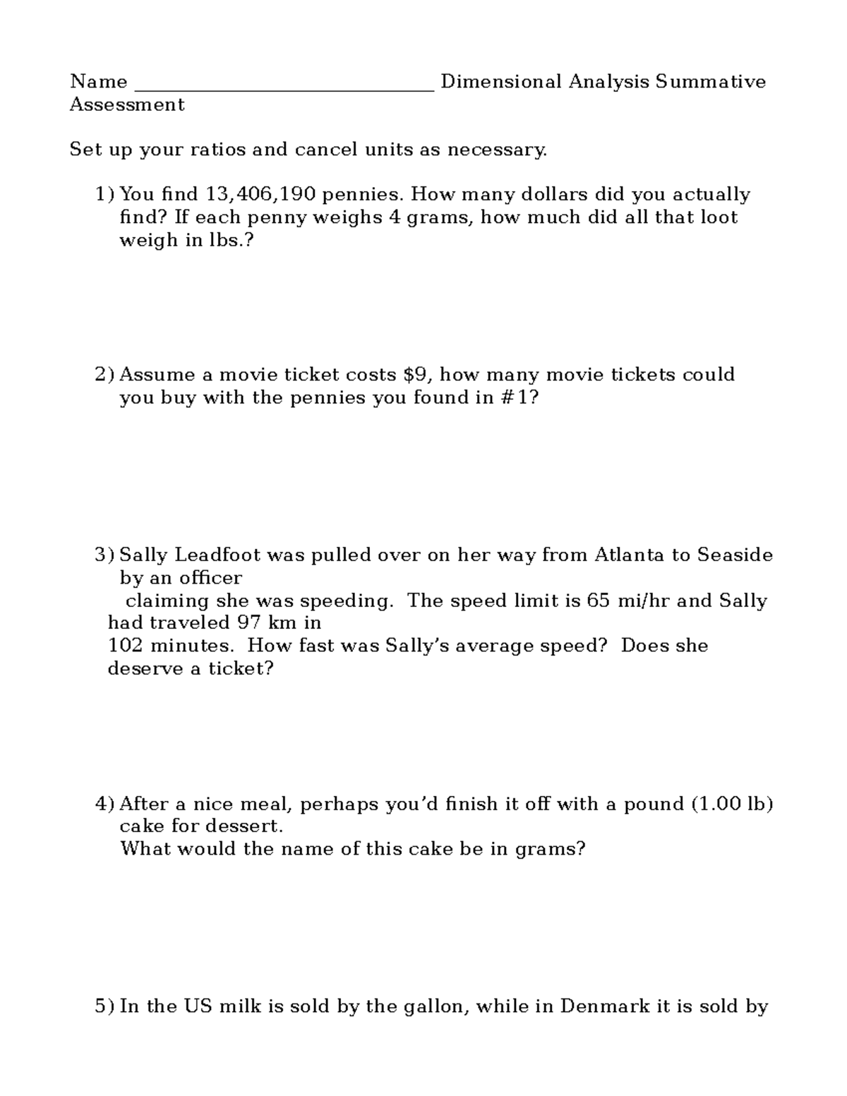 Dimensional Analysis Practice WS - Name ...