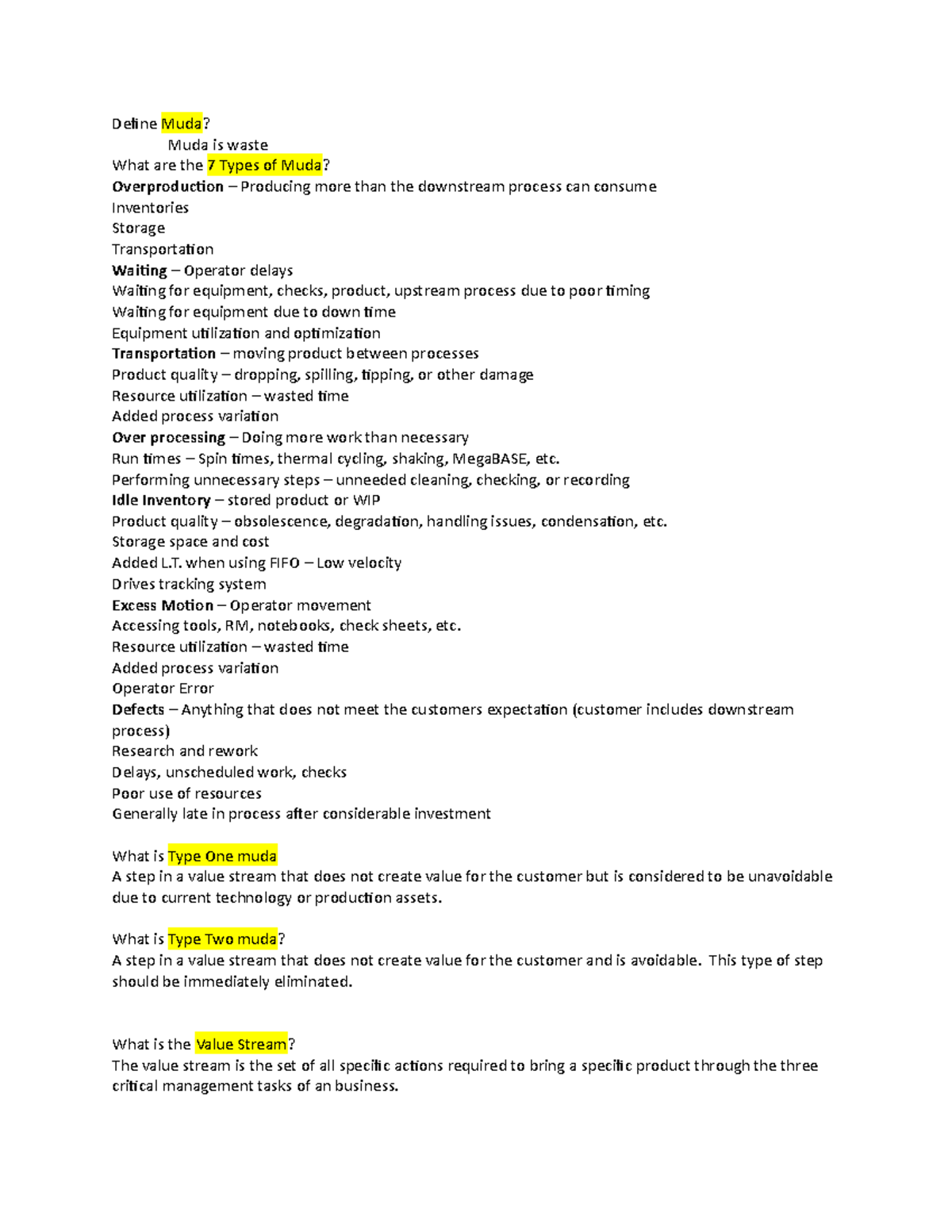 Gemba quiz from first book - Define Muda? Muda is waste What are the 7 ...