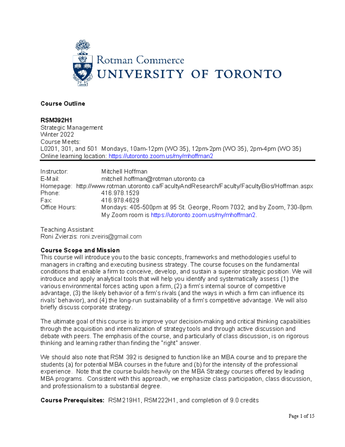 Rotman Commerce Strategy Syllabus - Course Outline RSM392H Strategic ...