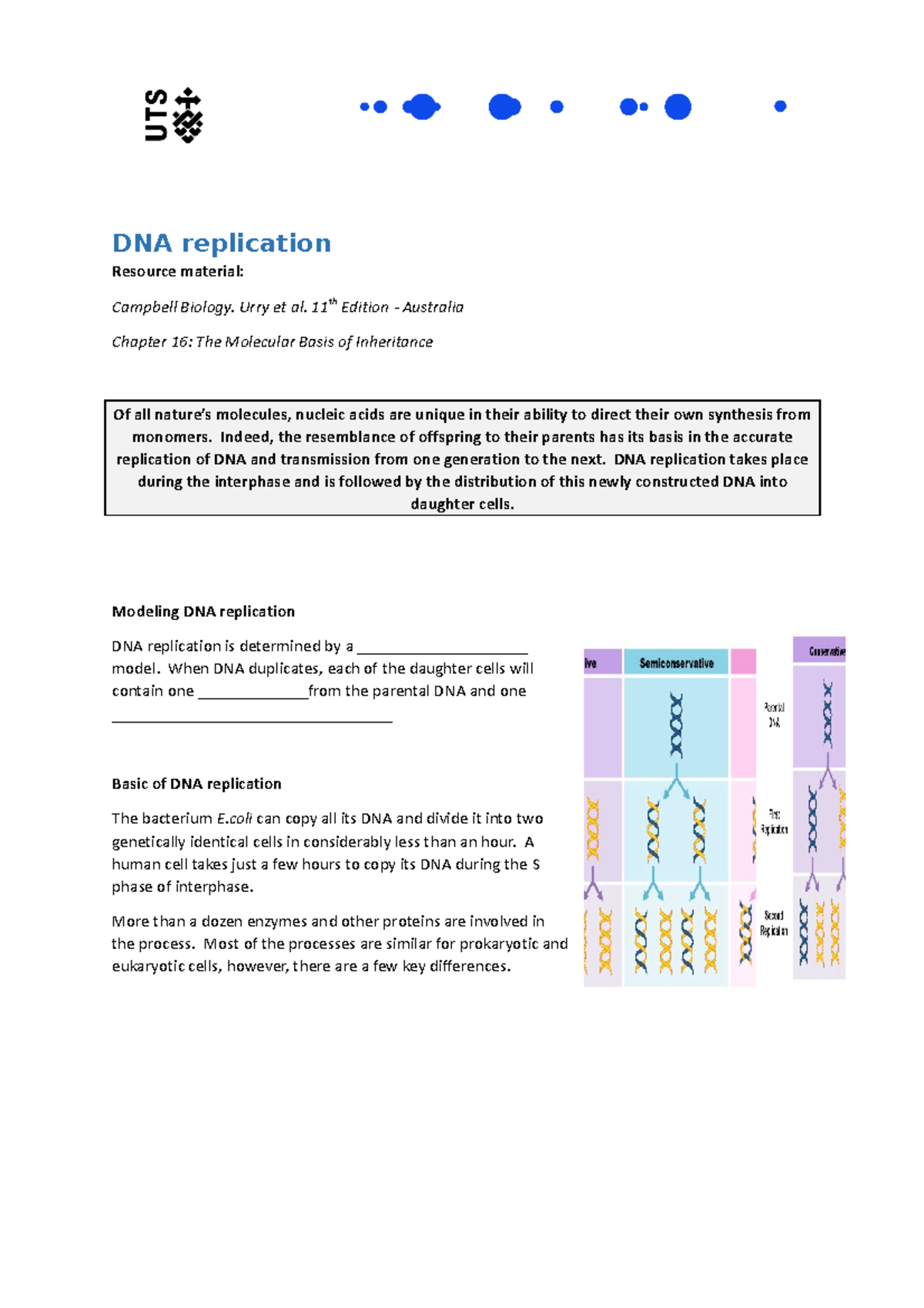 CBG at UTS - DNA Replication Module (Students Copy)-1 - DNA replication ...