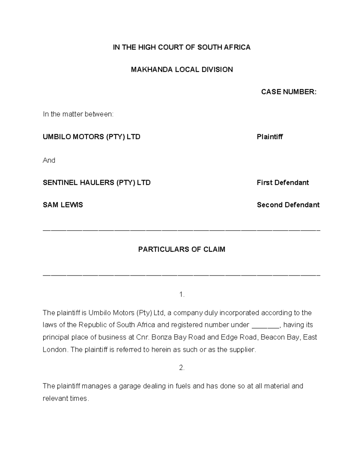 Particulars OF Claim Client JACK Mbilo - IN THE HIGH COURT OF SOUTH ...