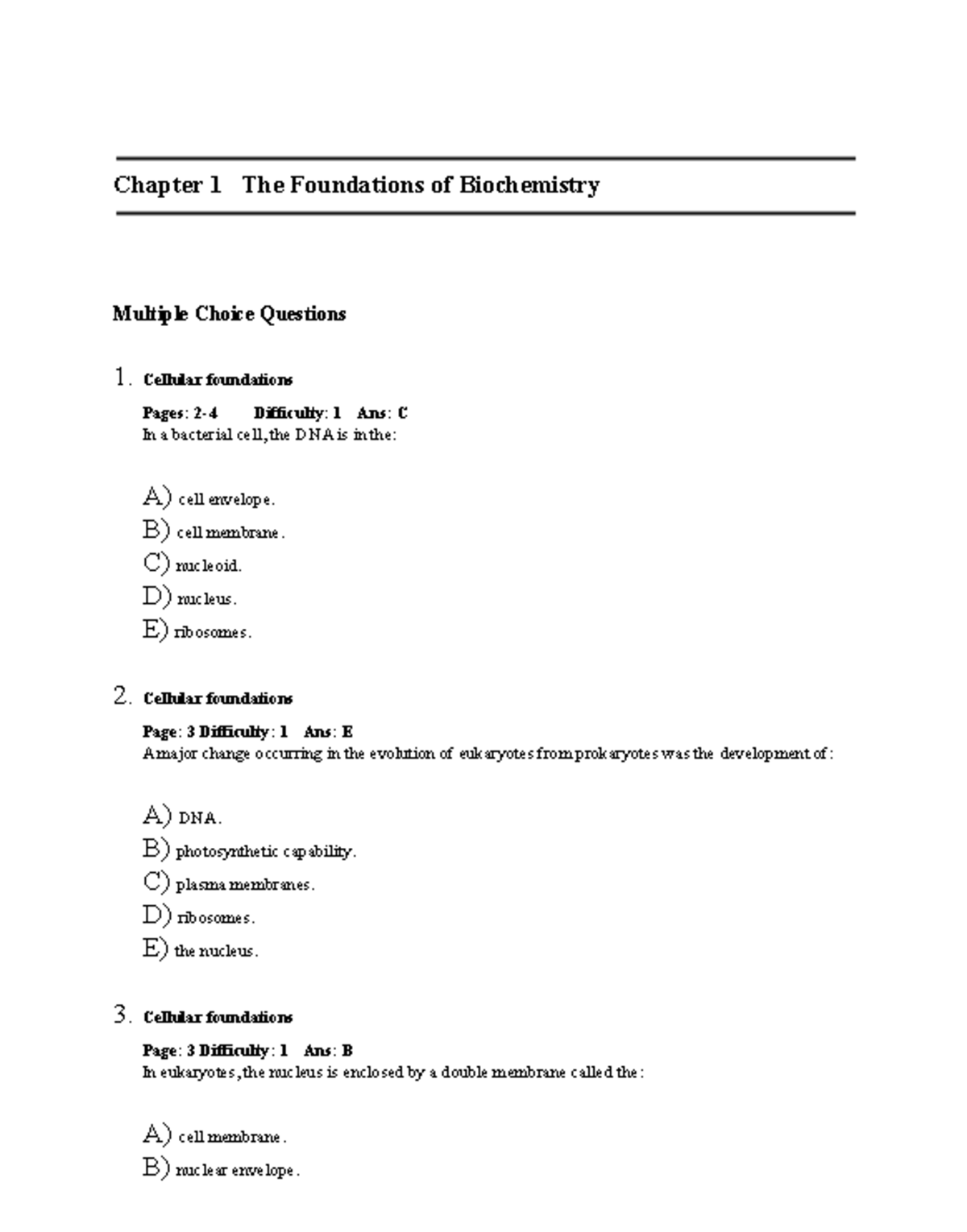 Test bank for lehninger principles of biochemistry - Chapter 1 The ...