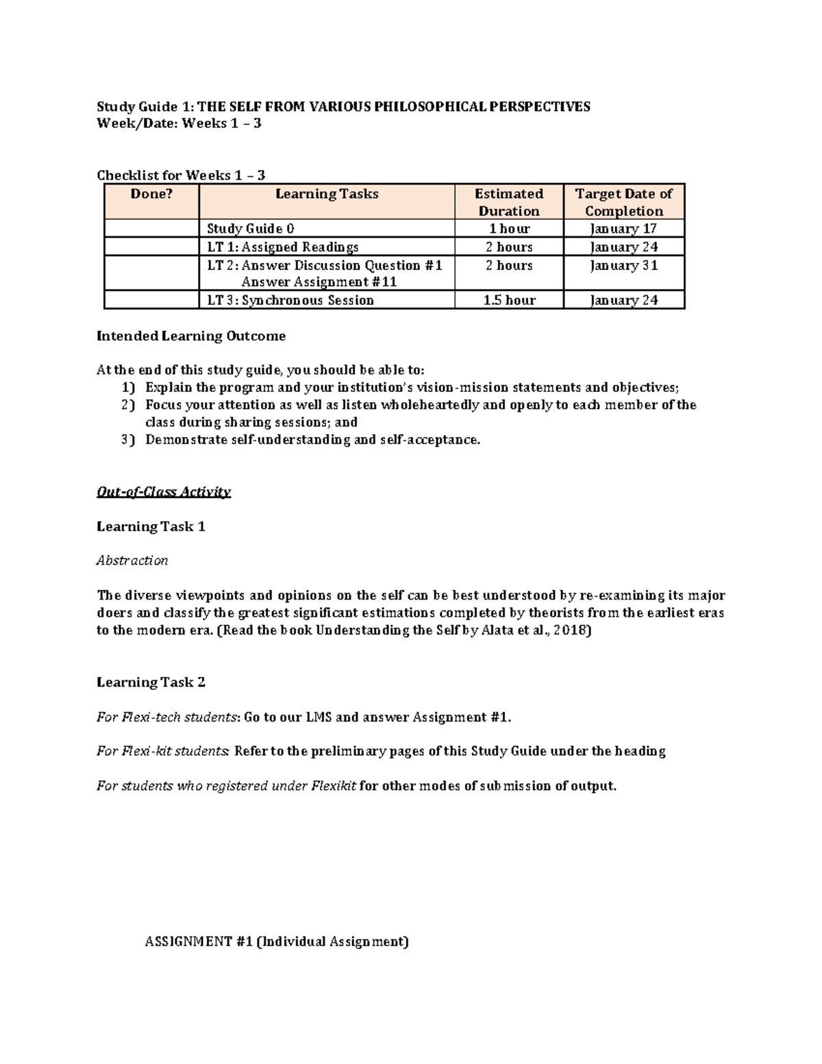 Study Guide 1.The Self from Various Philo Pers - Study Guide 1: THE ...