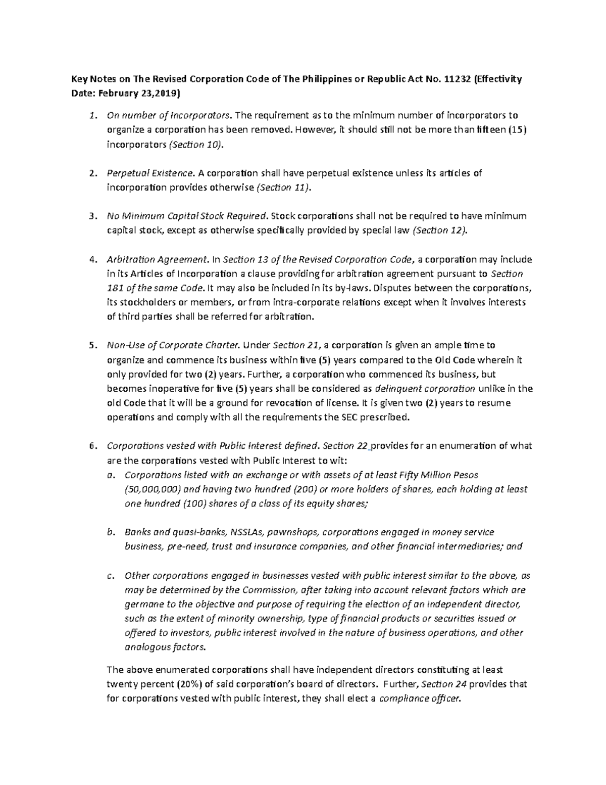 Key inNotes on The Revised Corporation Code of The Philippines or ...