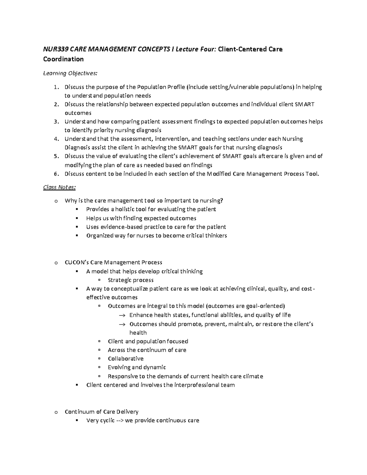NUR 339 Lecture 4 (Client-Centered Care Coordination) - NUR339 CARE ...
