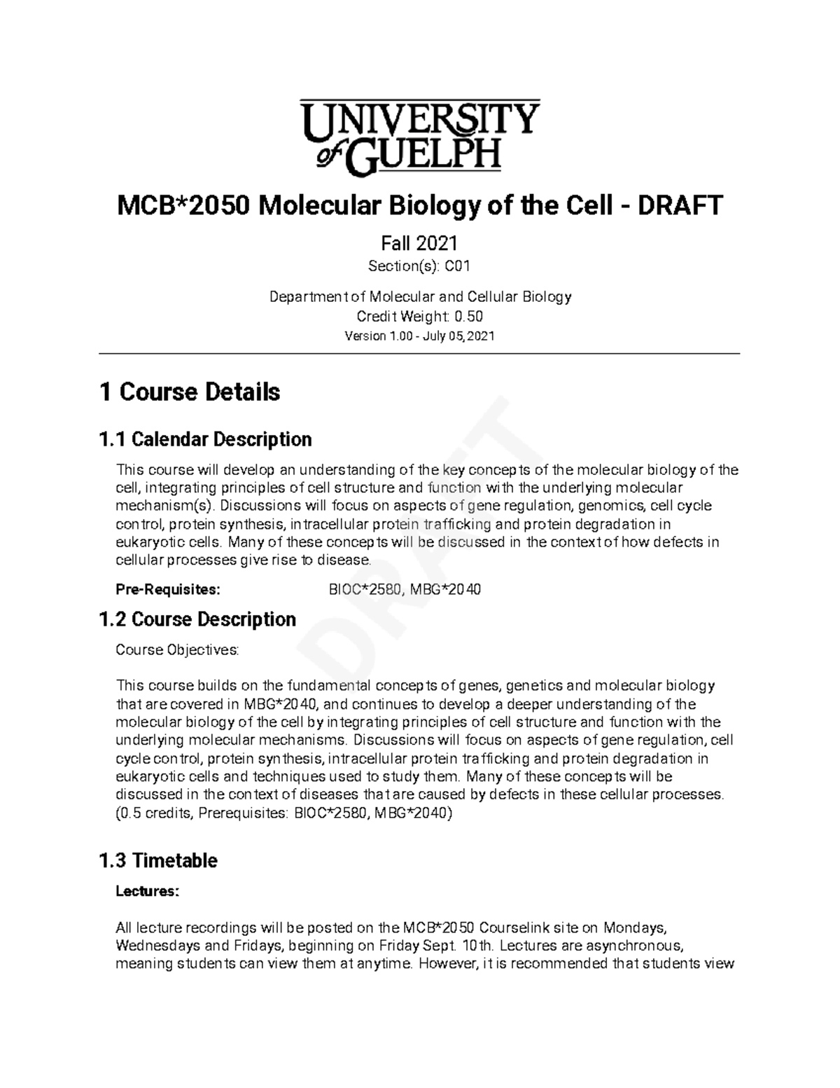 MCB2050-Draft - Course Outline - MCB*2050 Molecular Biology of the Cell ...
