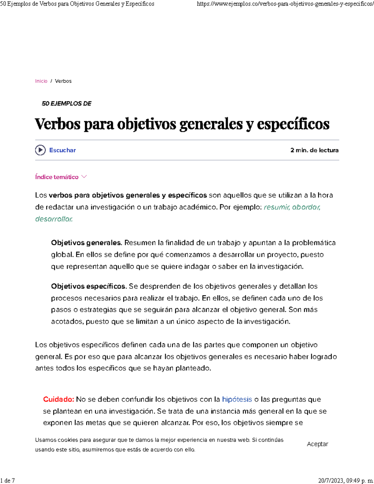 50 Ejemplos de Verbos para Objetivos Generales y Específicos - Inicio ...
