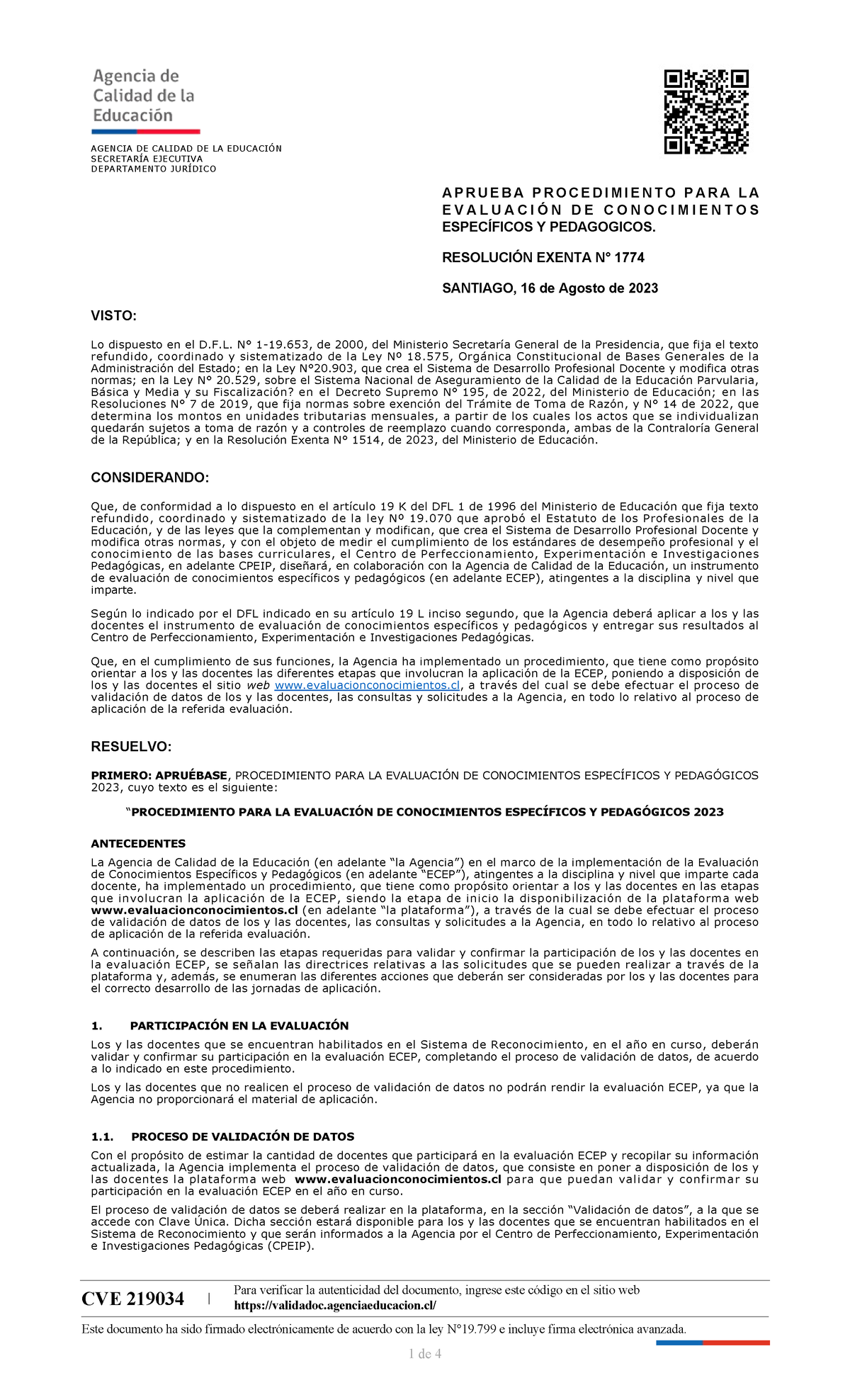 Res Exenta N°1774 Aprueba Procedimiento para la Evaluacion de ...
