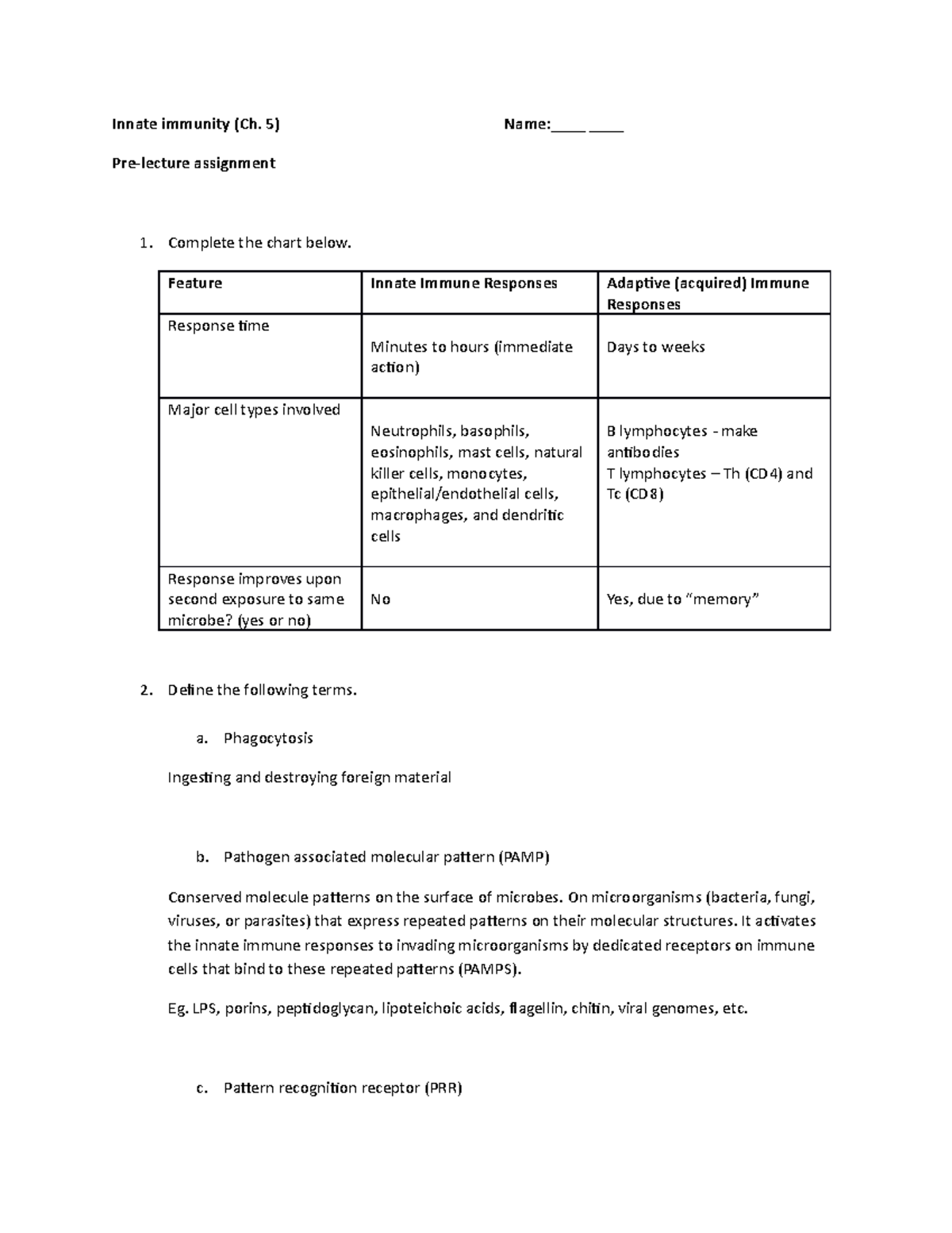 PL2 Innate immunity - Innate immunity (Ch. 5) Name:____ ____ Pre ...
