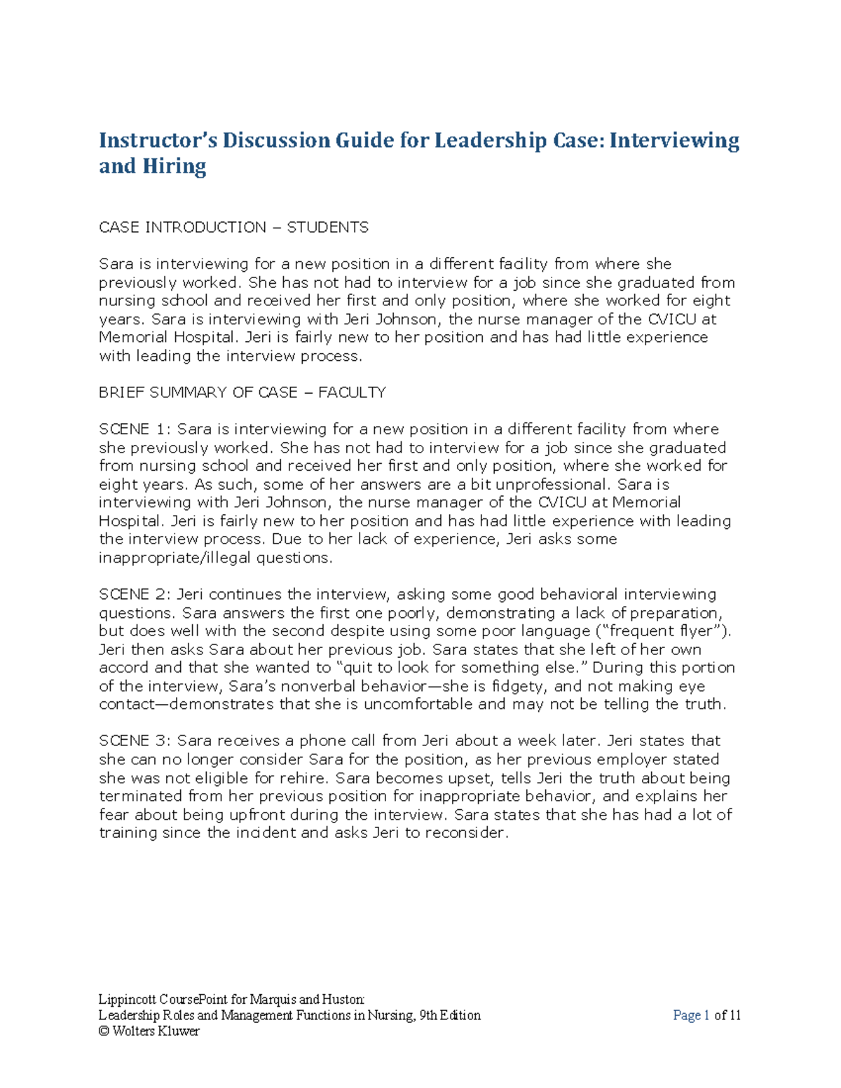 Case Study assignment for NUR 460 class - Instructor’s Discussion Guide ...