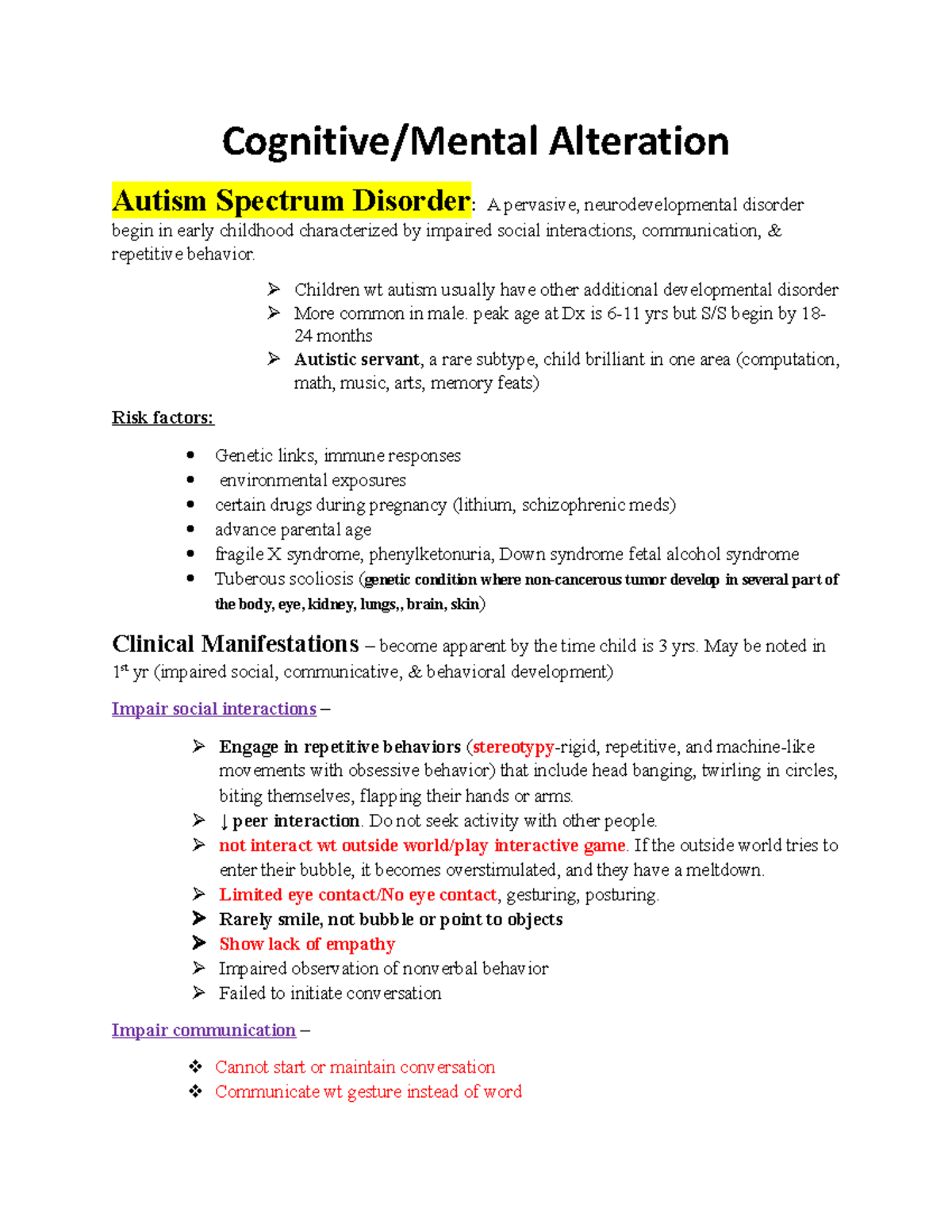 Cognitive disorder notes - Cognitive/Mental Alteration Autism Spectrum ...