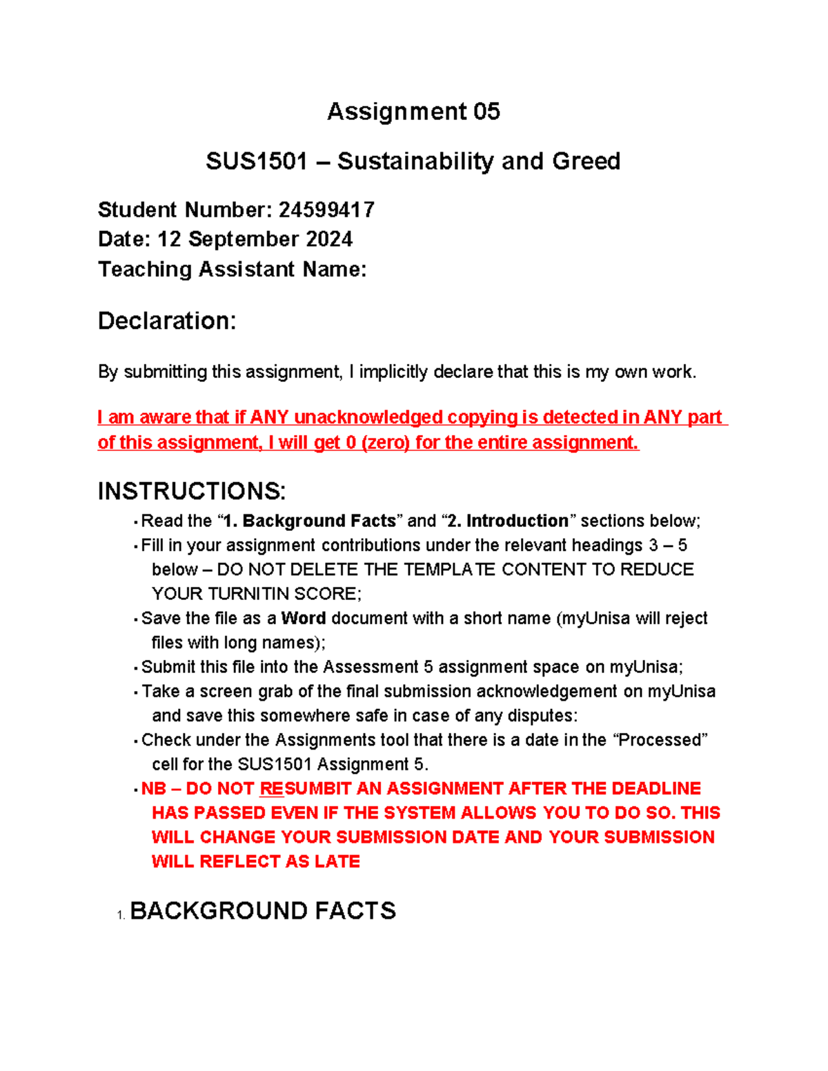 SUS1501 Semester 2 - Assignment 05 SUS1501 – Sustainability and Greed ...