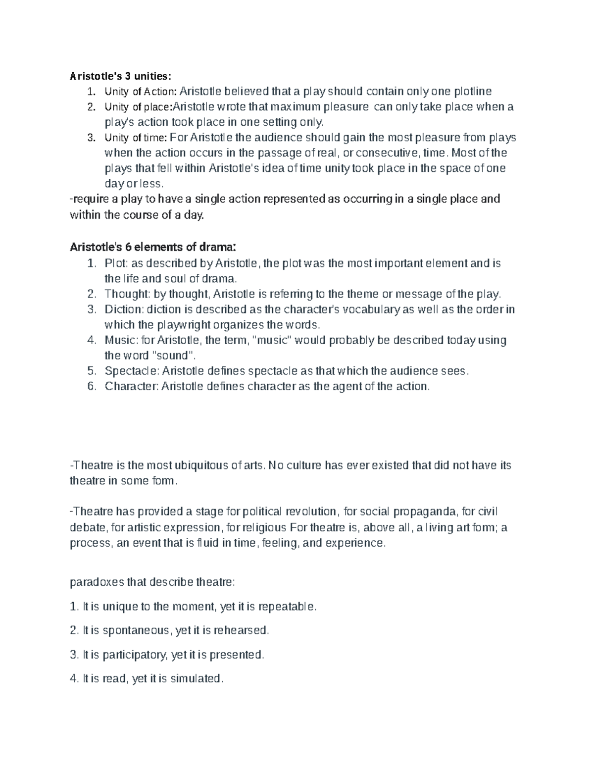 Studocu Theatre 1 - Google Docs - Aristotle's 3 unities: 1. Unity of ...