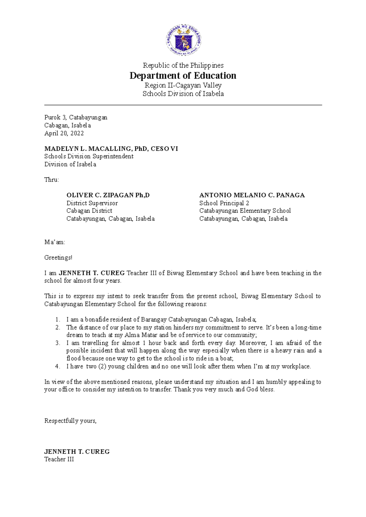 Letter of intent for transfer - Republic of the Philippines Department ...