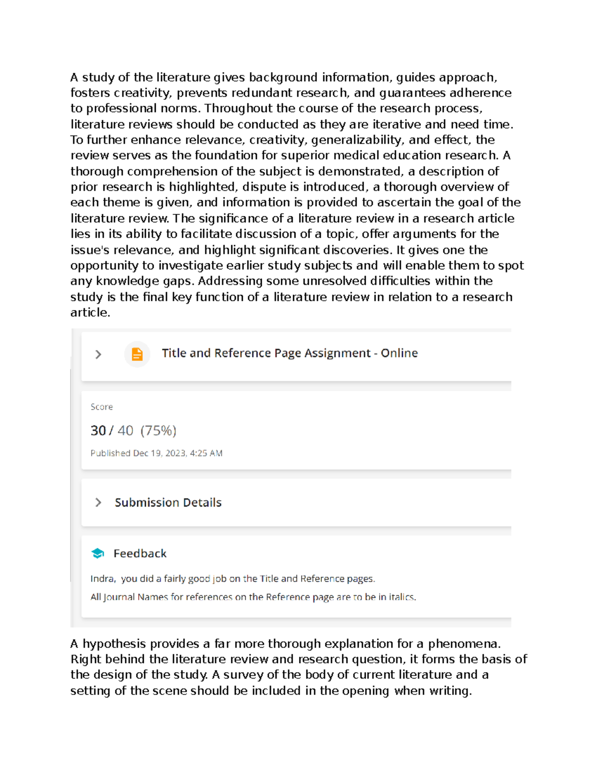 Note Sheet - A study of the literature gives background information ...