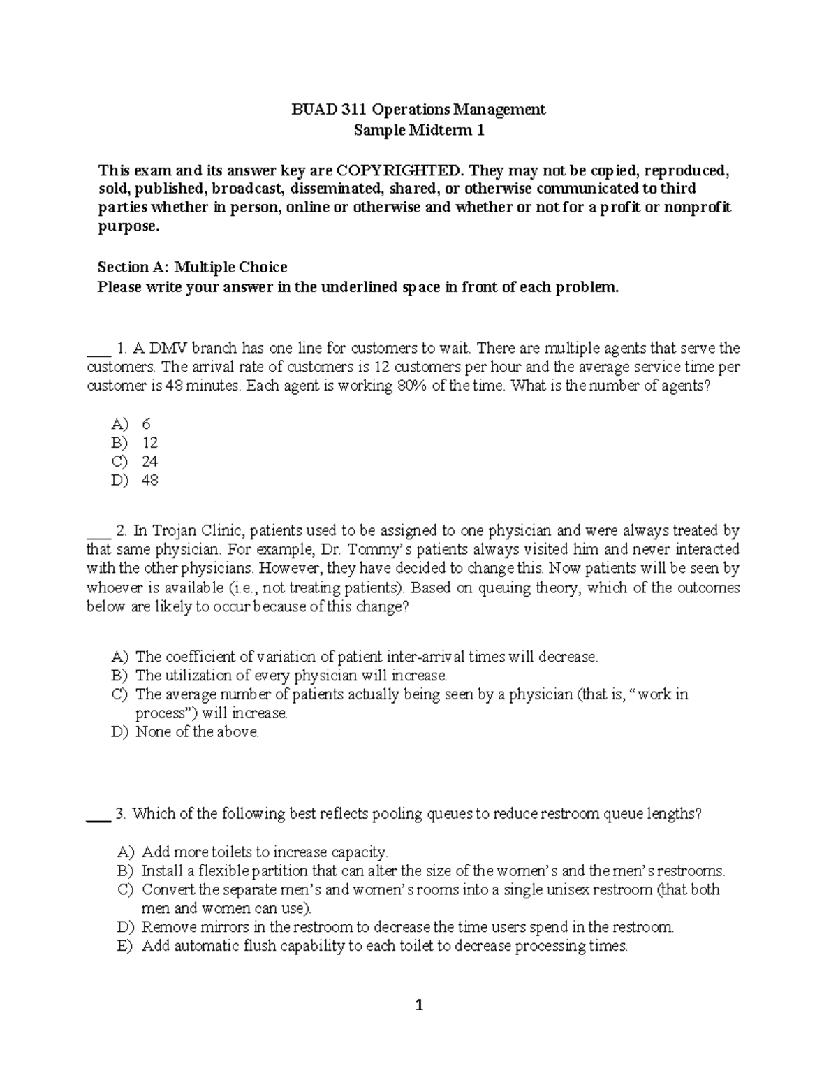 BUAD 311 Sample Midterm 1 - BUAD 311 Operations Management Sample ...