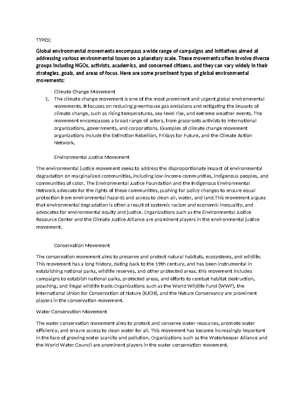 Global environmental movements - TYPES; Global environmental movements ...