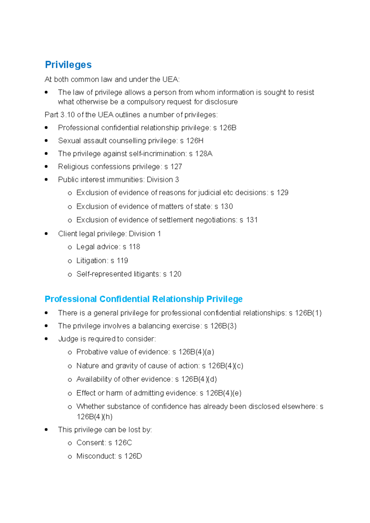 Privileges - summary notes - Privileges At both common law and under ...