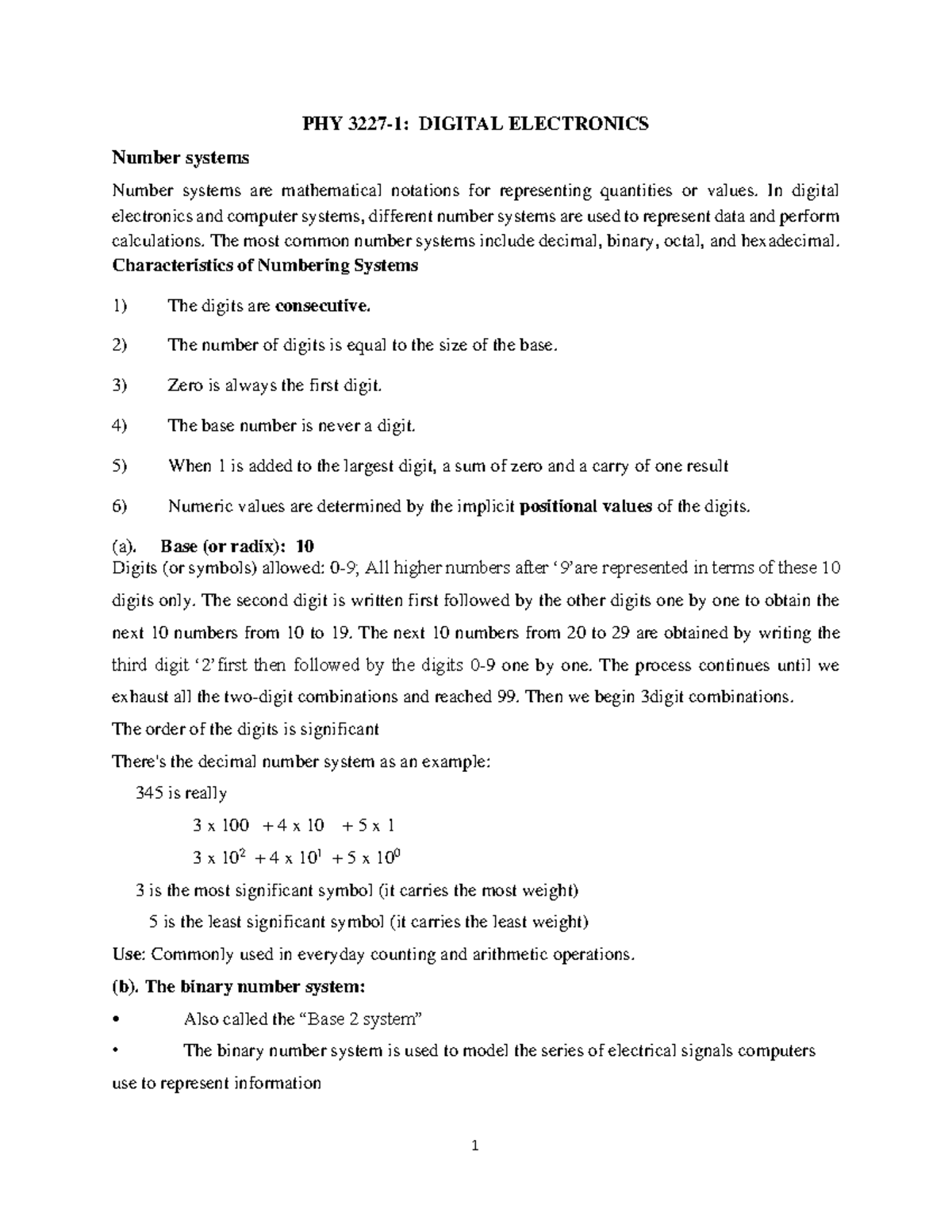 411 Digital Electronics - Part 1 - PHY 3227-1: DIGITAL ELECTRONICS Number systems Number systems ...