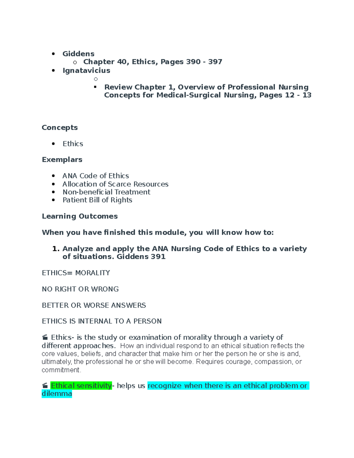 3.3 ethics - Giddens o Chapter 40, Ethics, Pages 390 - 397 Ignatavicius ...
