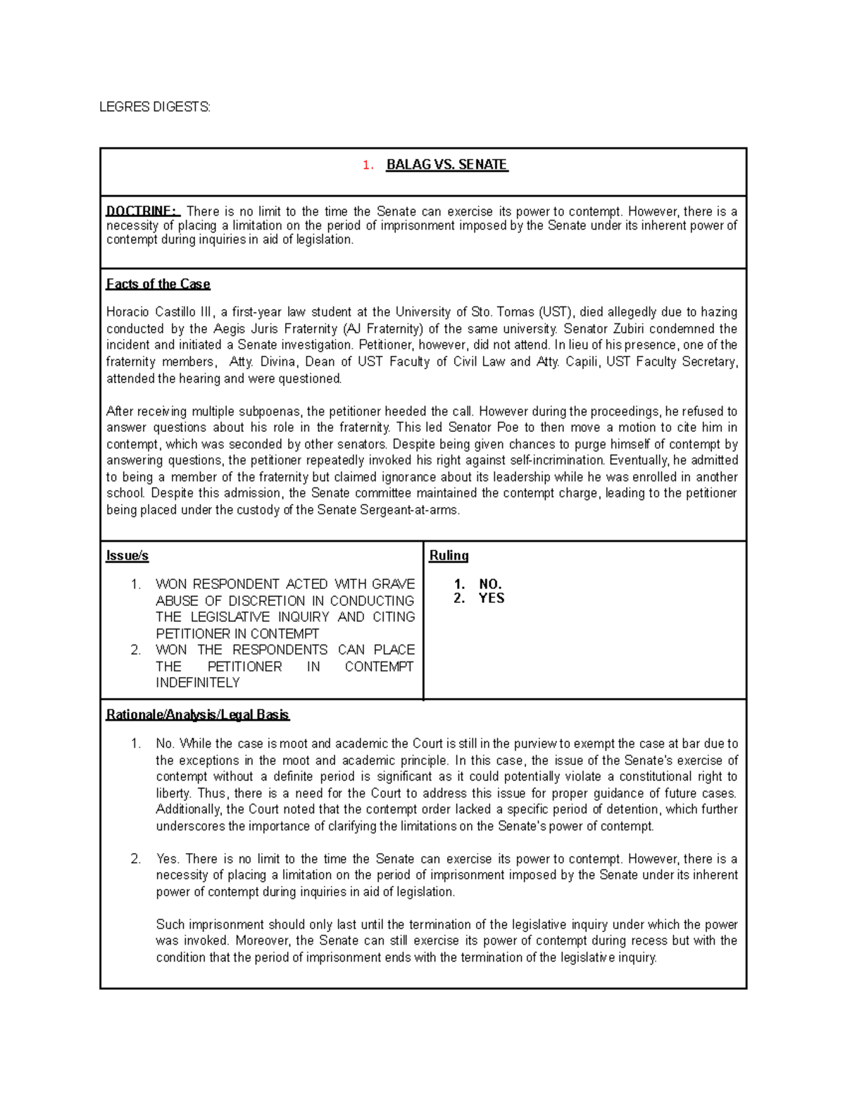 Studocu Upload - digest of Balag v Senate - LEGRES DIGESTS: 1. BALAG VS ...