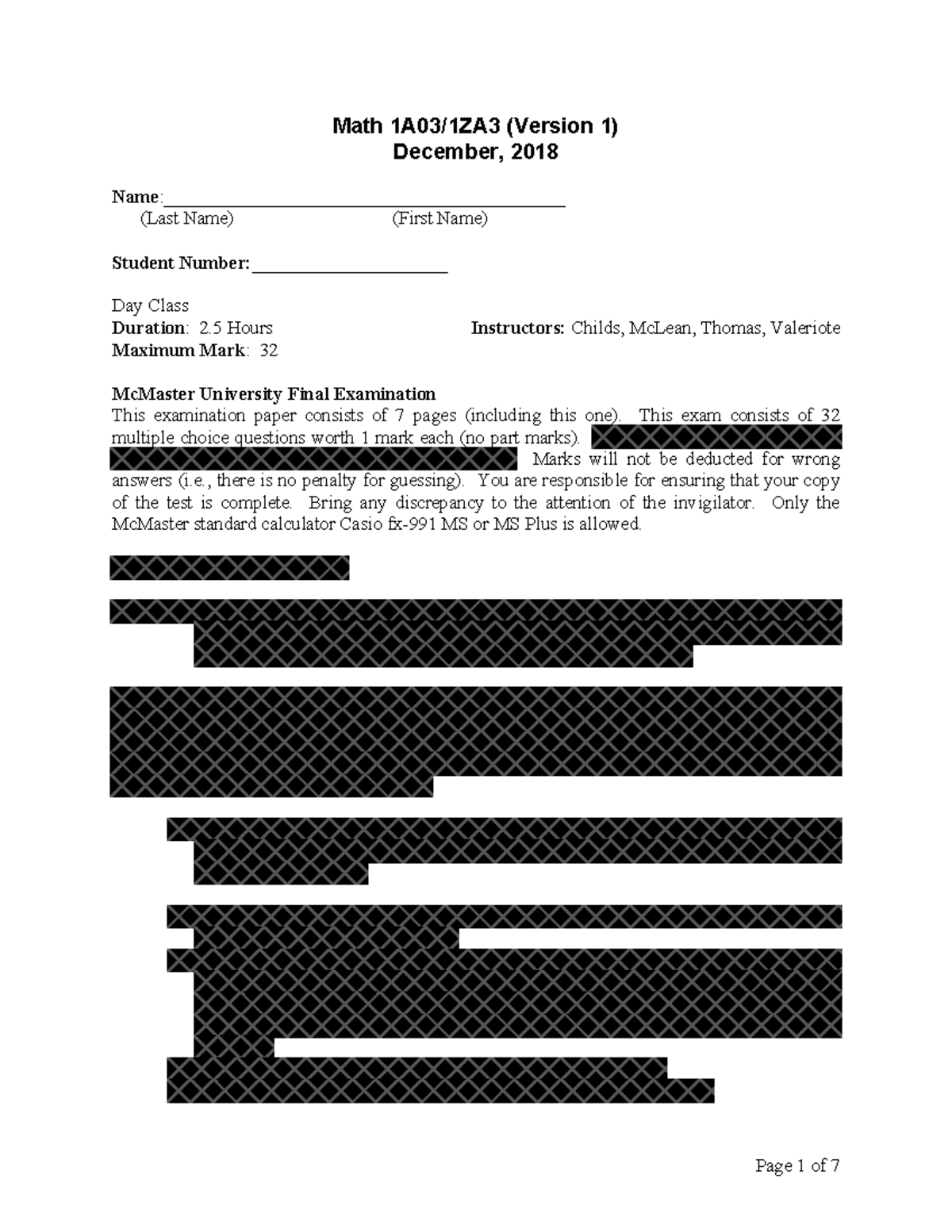 Previous Final Exam - Math 1A03/1ZA3 (Version 1) December, 2018 - Studocu