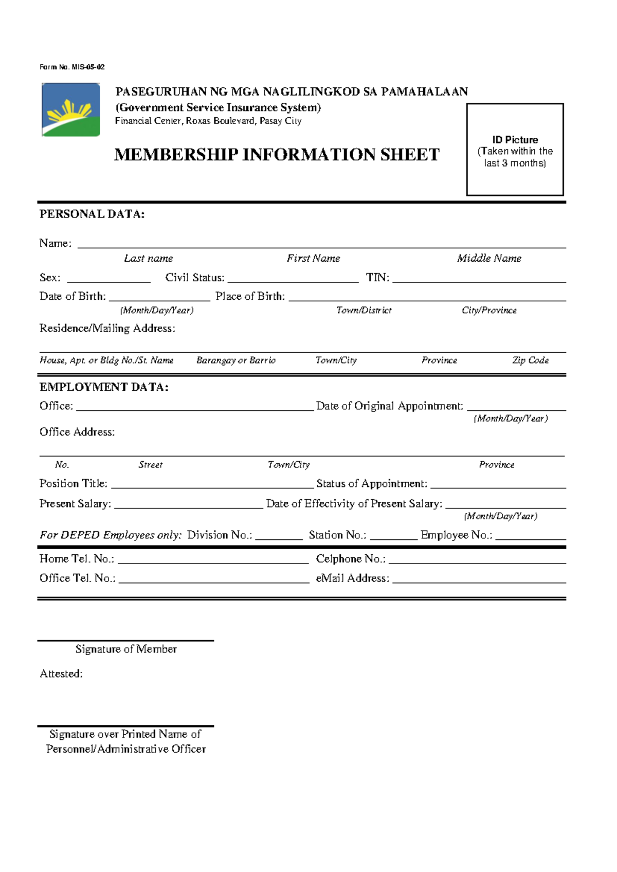 GSIS Membership Form - Form No. MIS-05- PASEGURUHAN NG MGA NAGLILINGKOD ...