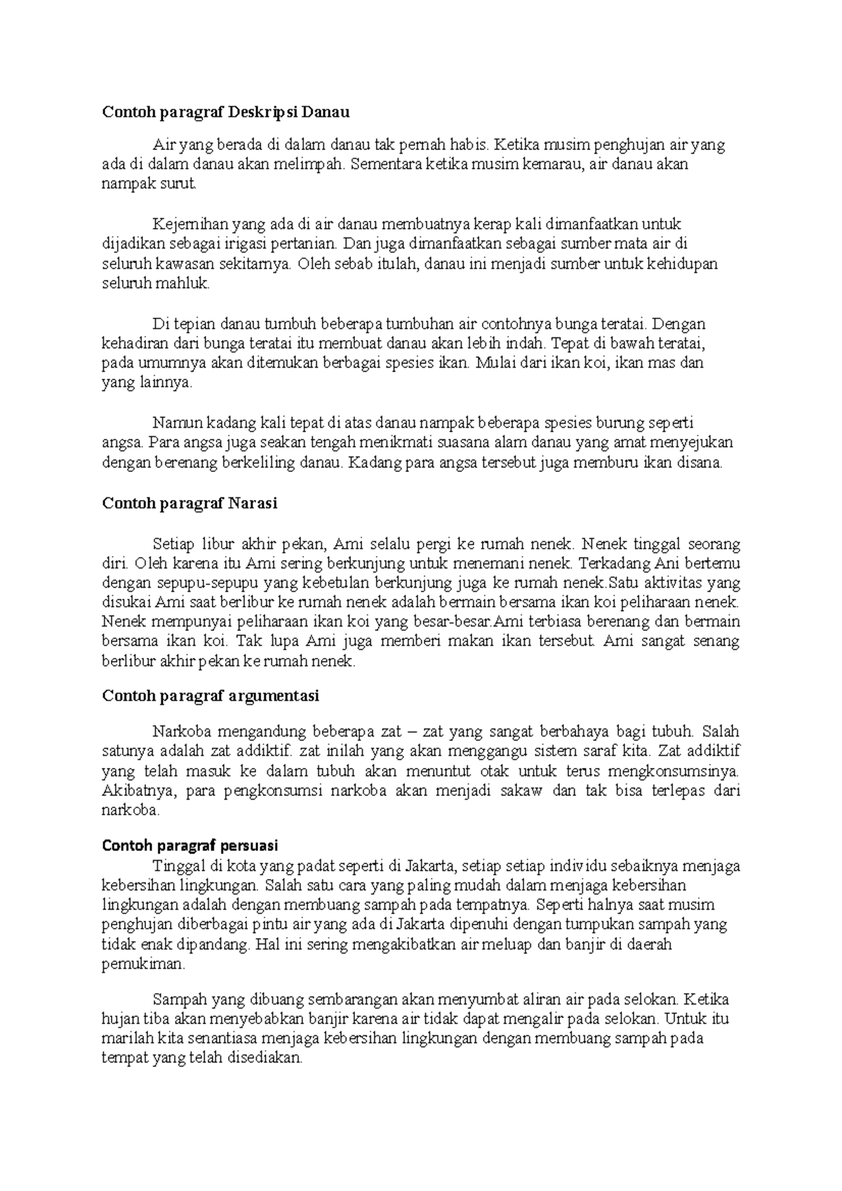 Contoh Paragraph Narasi - Contoh paragraf Deskripsi Danau Air yang ...