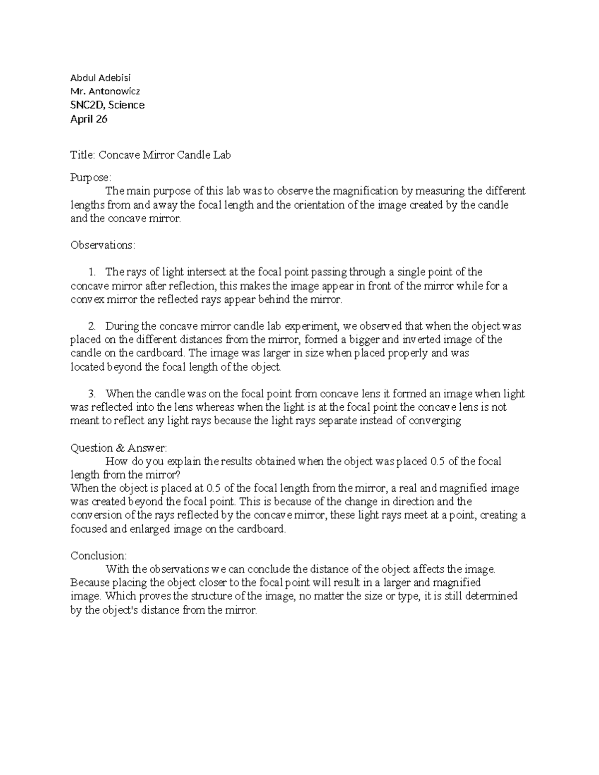 Mirror lab 2 - Math - Abdul Adebisi Mr. Antonowicz SNC2D, Science April ...