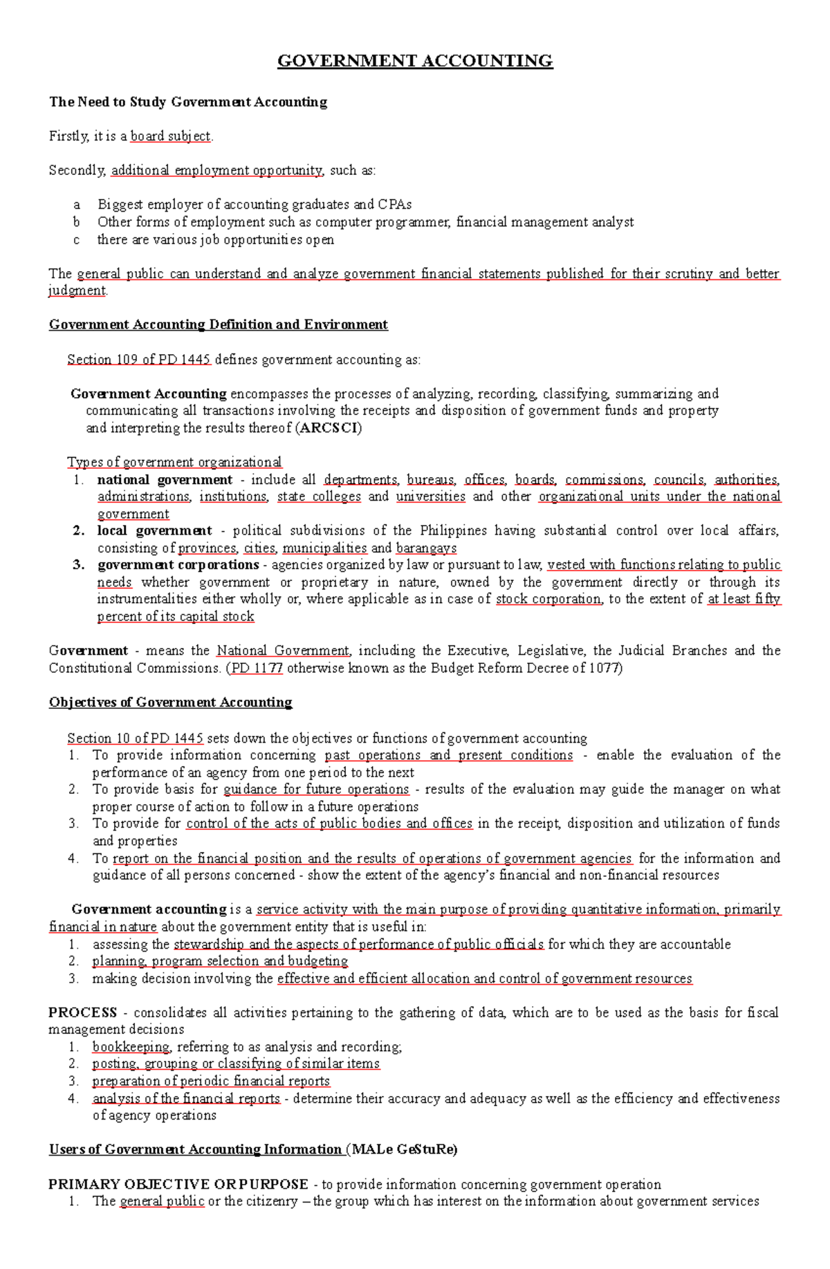 Gov't accounting notes - GOVERNMENT ACCOUNTING The Need to Study ...
