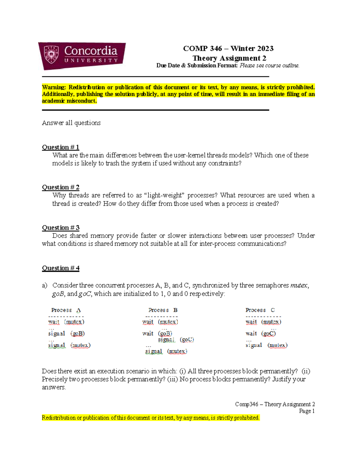 Comp346-TA2 - ta2 - Comp346 – Theory Assignment 2 Page 1 Redistribution or publication of this ...