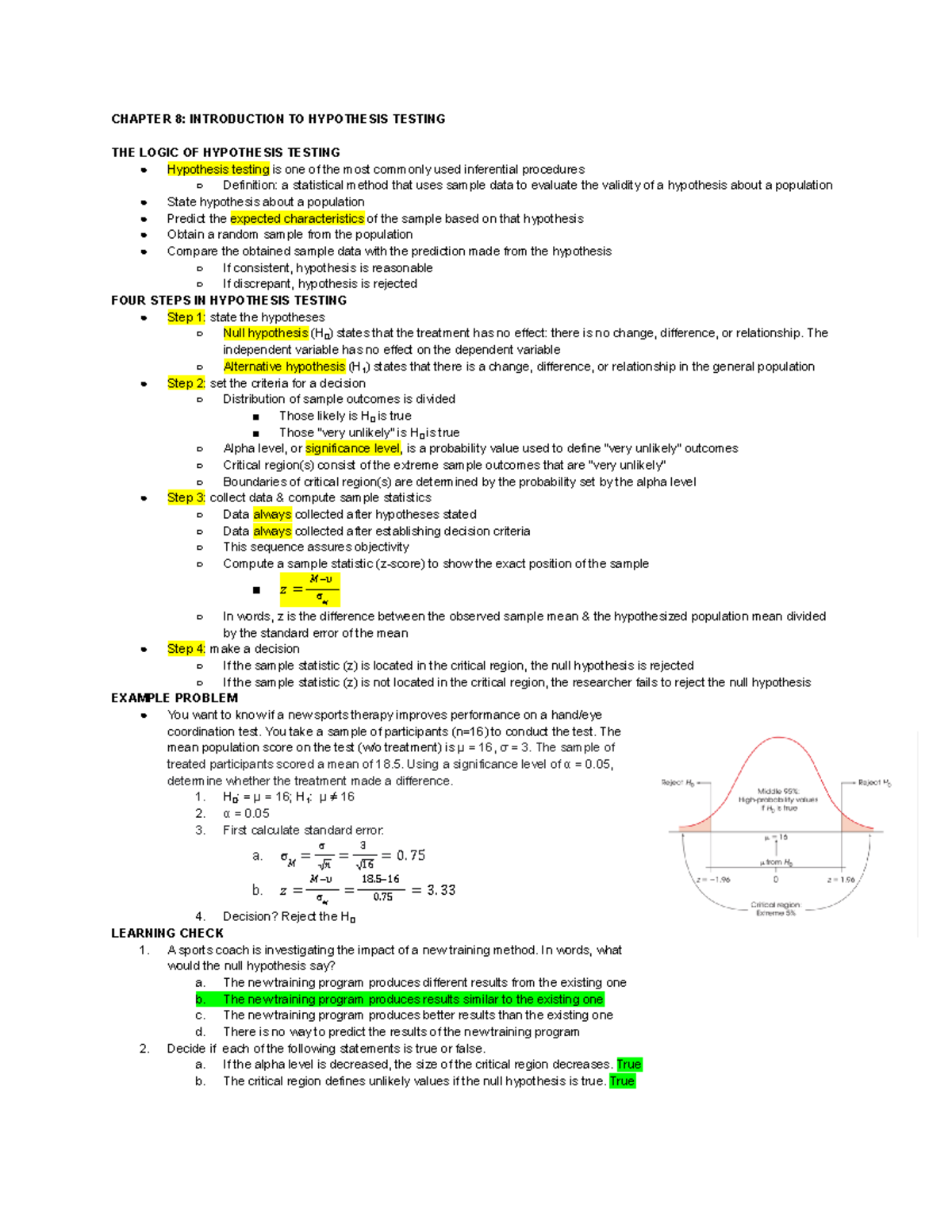 PSY 3234 Chp 8 Notes - CHAPTER 8: INTRODUCTION TO HYPOTHESIS TESTING ...
