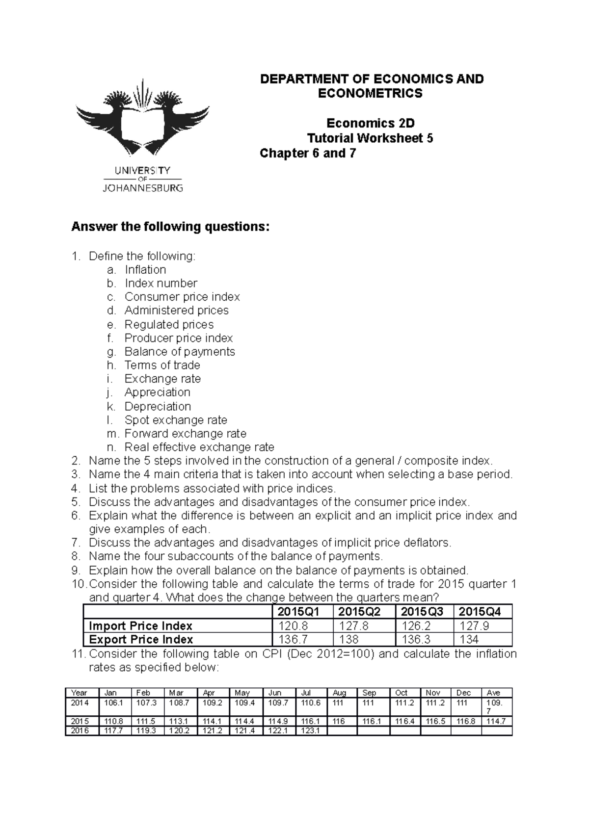 Worksheet 5 Chapters 6 and 7(1) - DEPARTMENT OF ECONOMICS AND ...