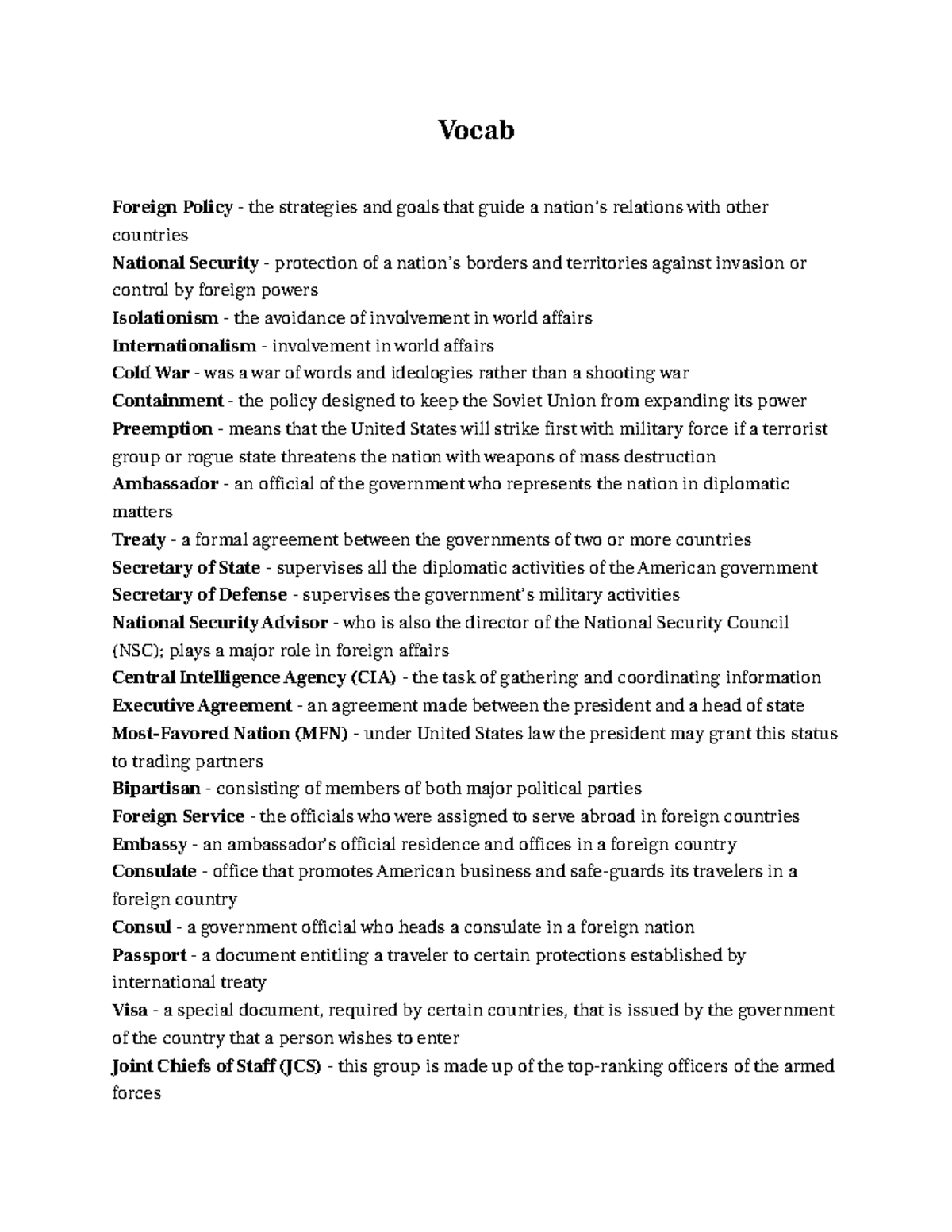Government Chapter 22 Vocab - Vocab Foreign Policy - the strategies and ...